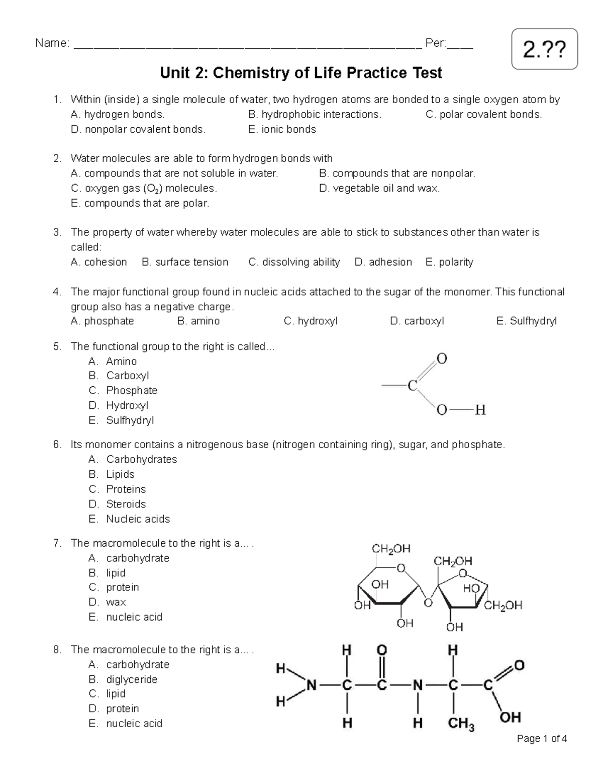 Unit 2: Chemistry of Life Practice Test - Exam Prep Materials - Studocu