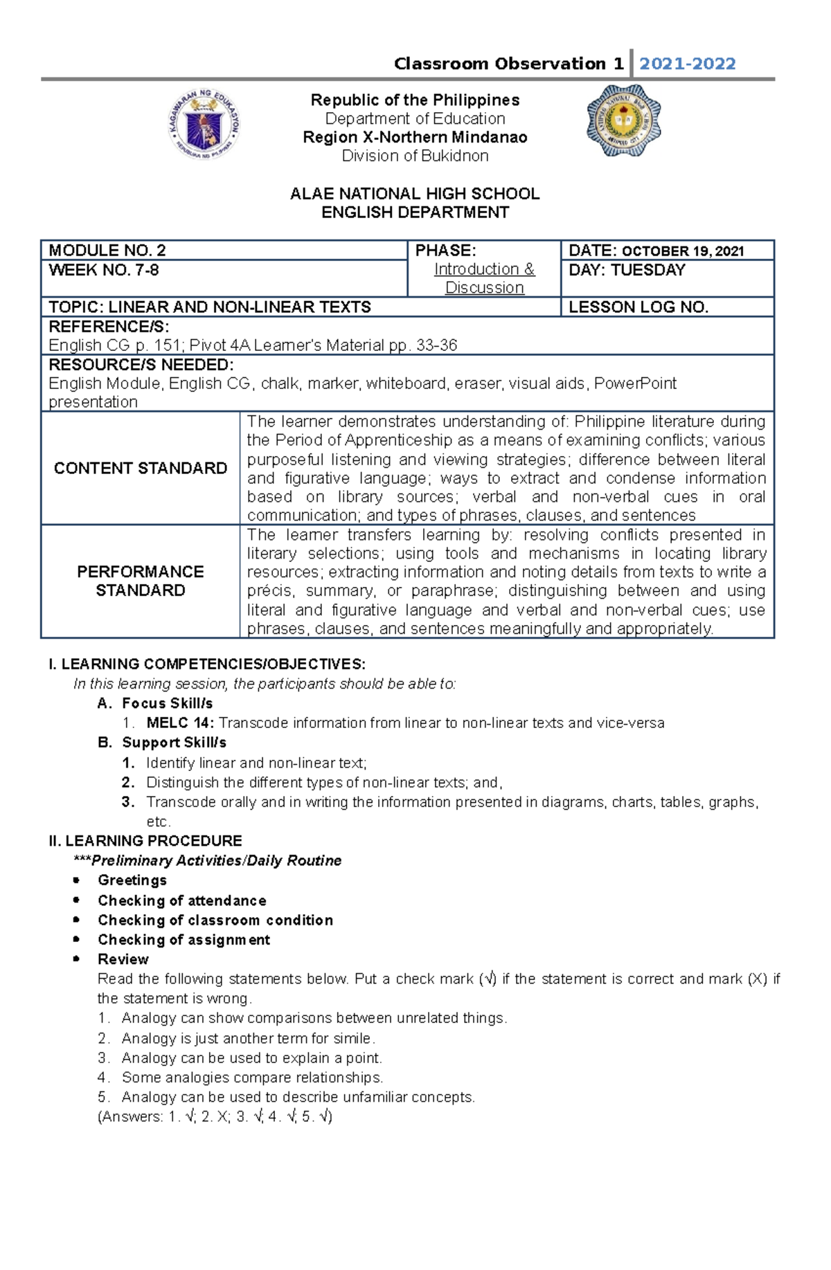 Grade 7 English Lesson Plan: MELC 14 - Linear vs Non-Linear Texts - Studocu