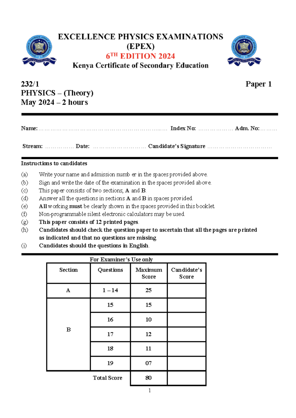 EPEX 1QP - WWWW - 232/ 1 Paper 1 PHYSICS – (Theory) May 2024 – 2 hours ...