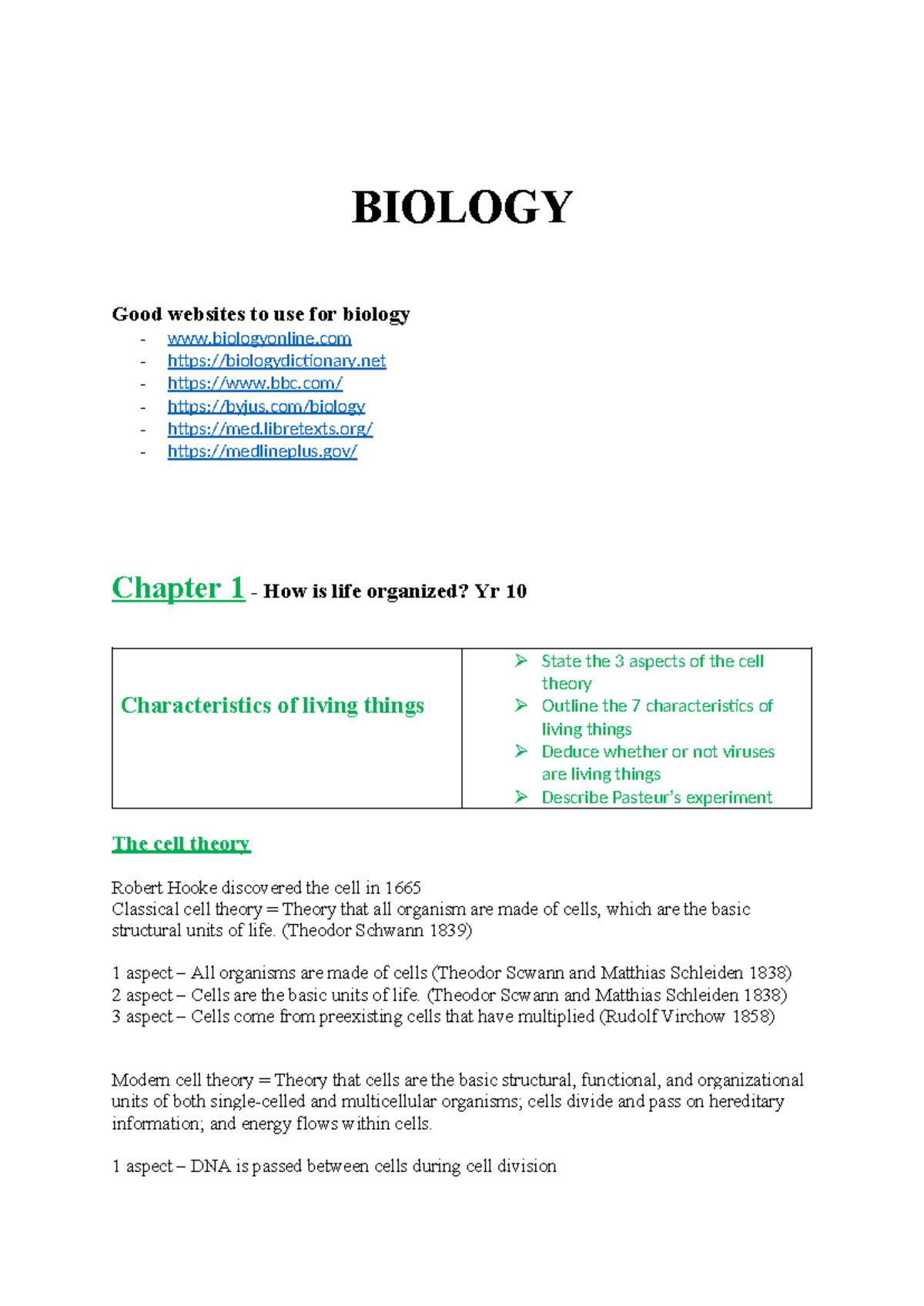 BIOLOGY Yr 10 Chapter 1: Characteristics of Living Things & Cell Theory ...