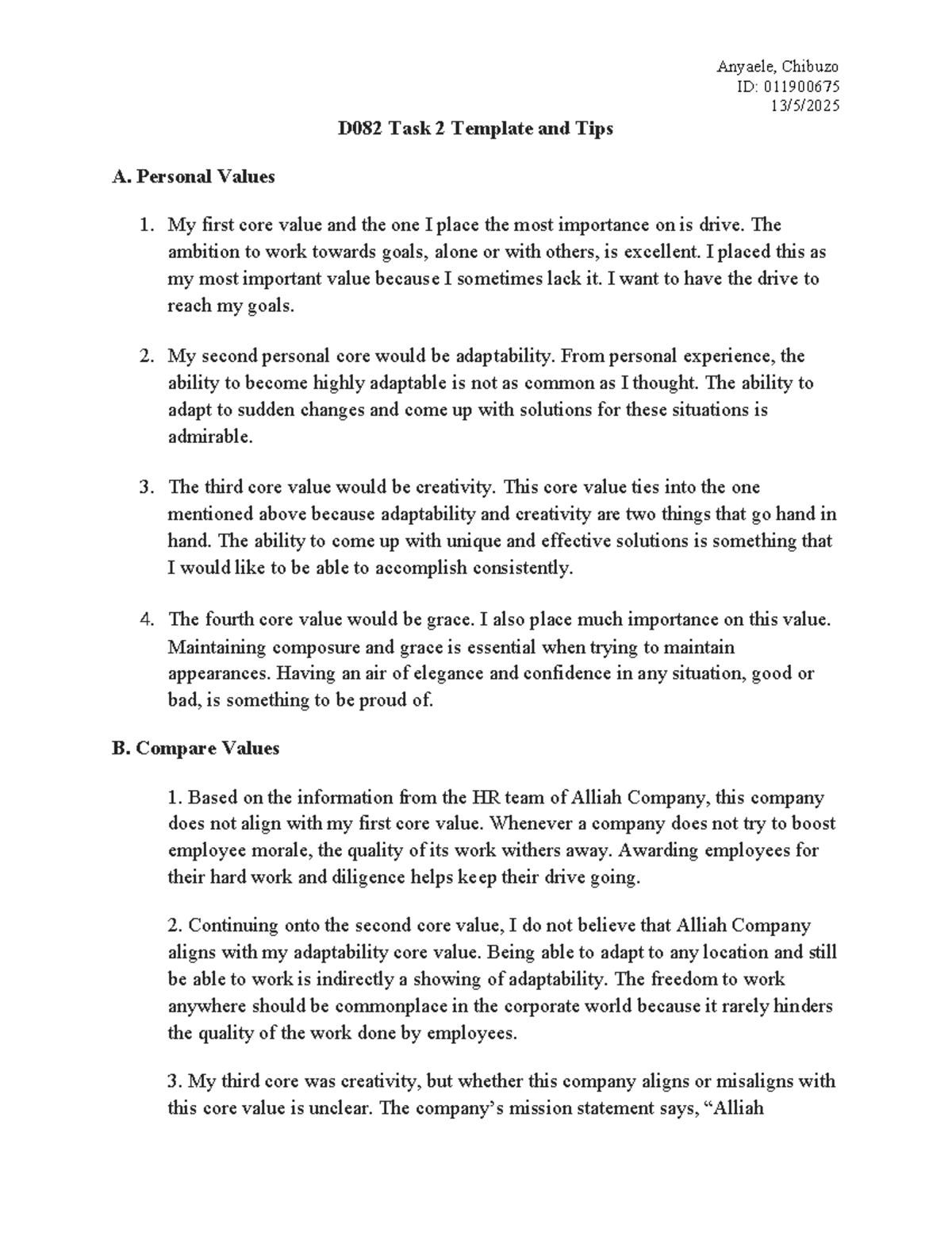 D082 Task 2: Personal Values Analysis and Company Alignment Insights ...
