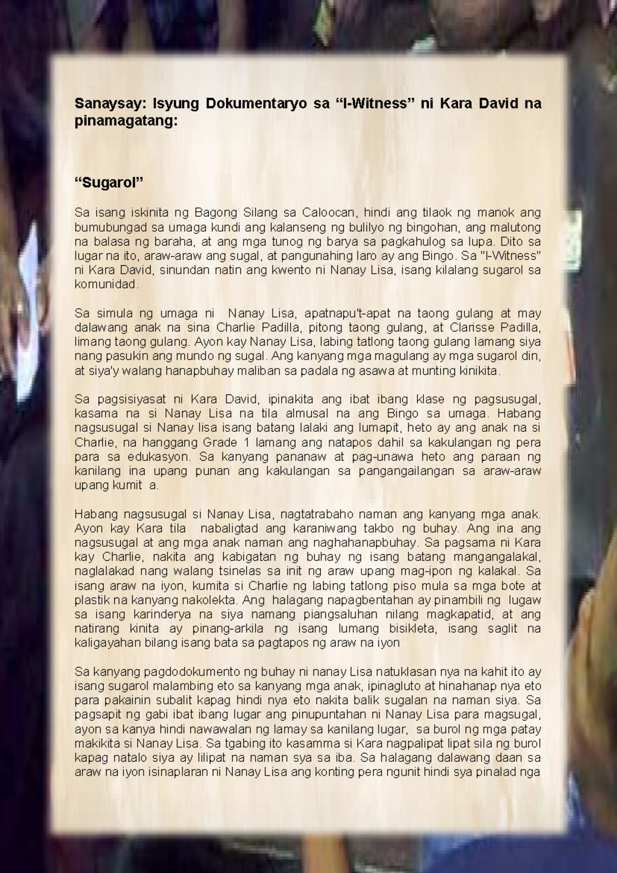 Sanaysay: Isyung Dokumentaryo sa “I-Witness” ni Kara David - Sugarol ...
