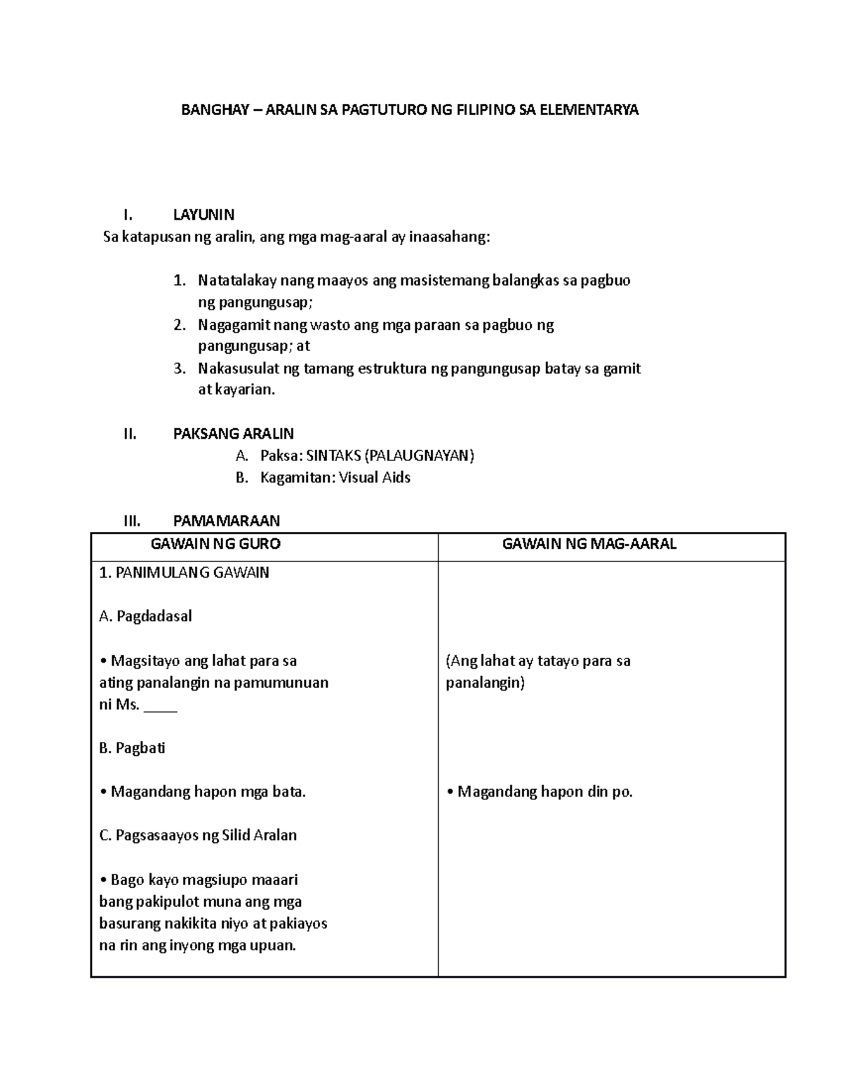 Lesson Plan: Sintaksis sa Pagtuturo ng Filipino (EDU 101) - Studocu