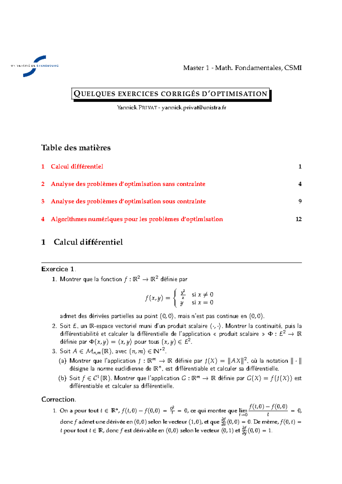 Exercices Corrigés d'Optimisation - Master 1 Math. Fondamentales - Studocu