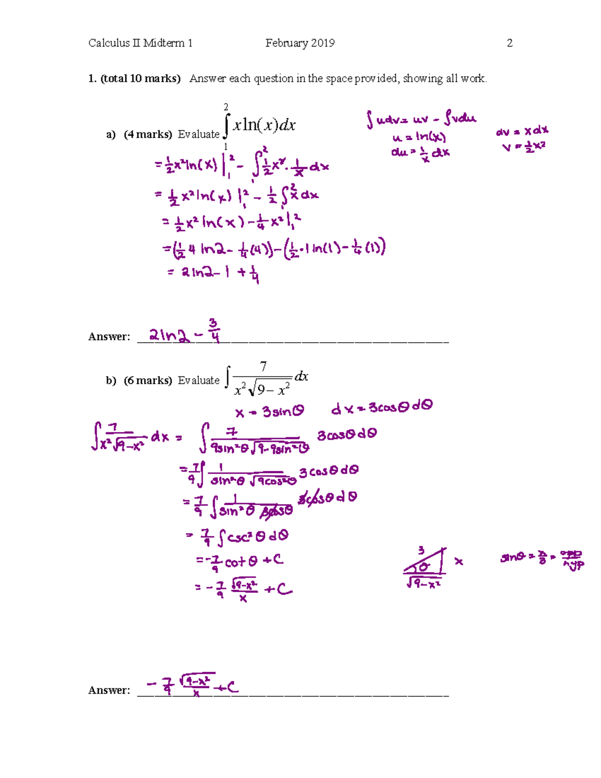 Calculus II MTT1 Midterm 1 Solutions - February 2019 - Studocu