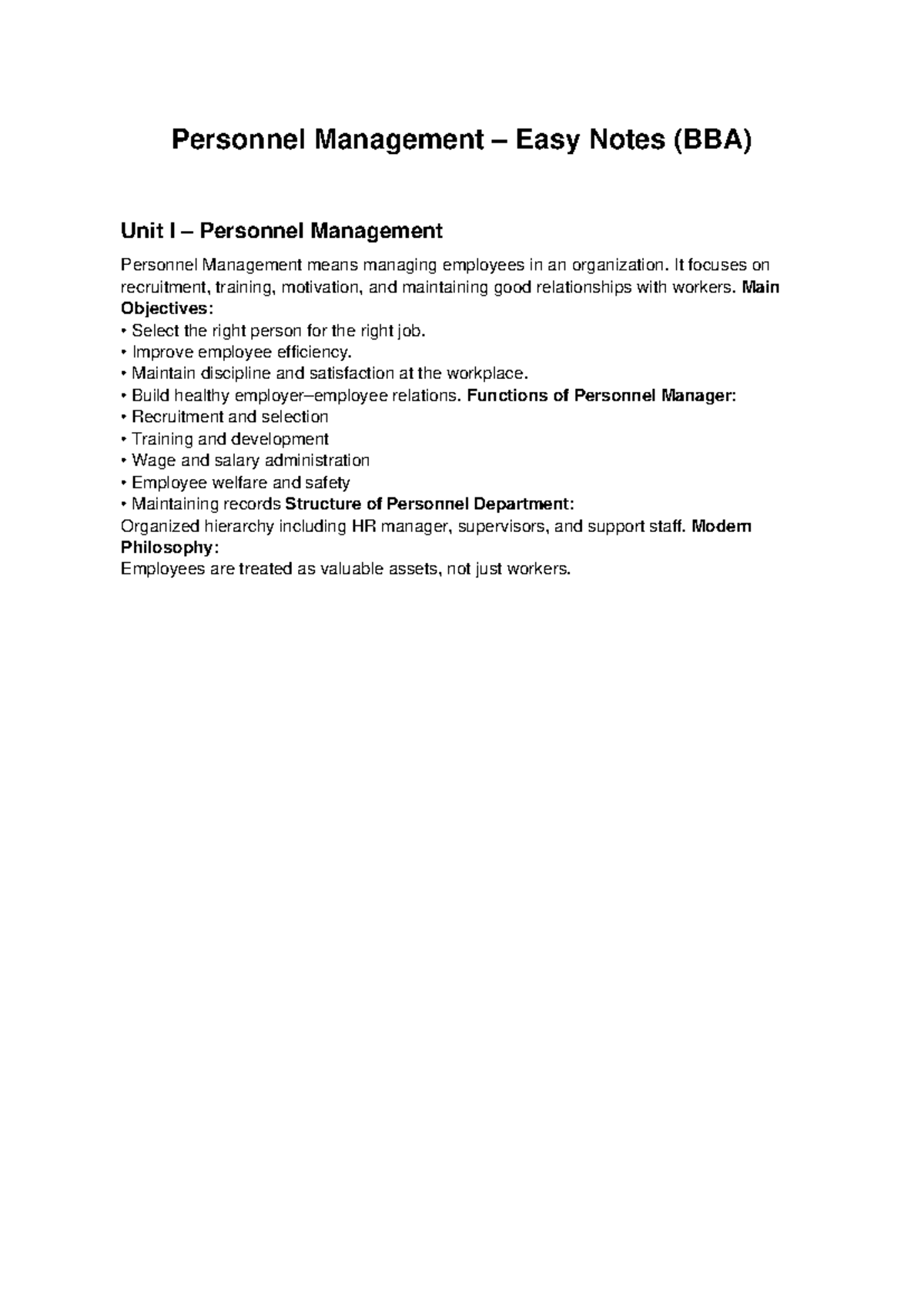BBA Personnel Management Notes: Units I-V Overview - Studocu