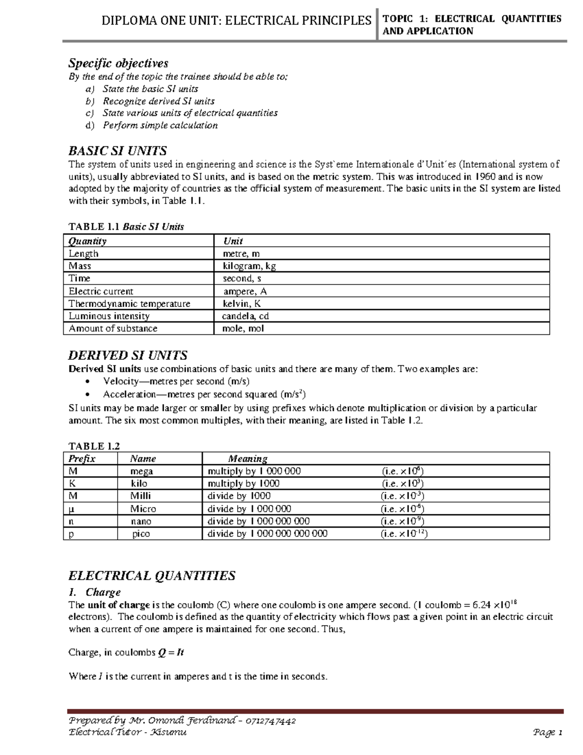Topic 1: Electrical Quantities & Applications (ENG 101) - Studocu