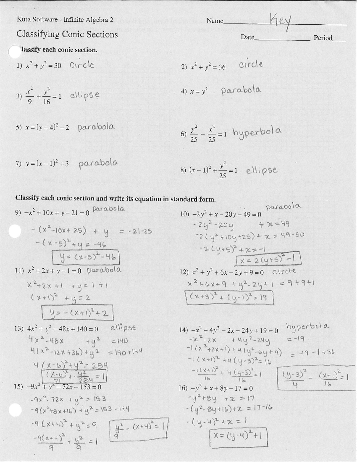Algebra 2 Conic Sections Parabolas Worksheet