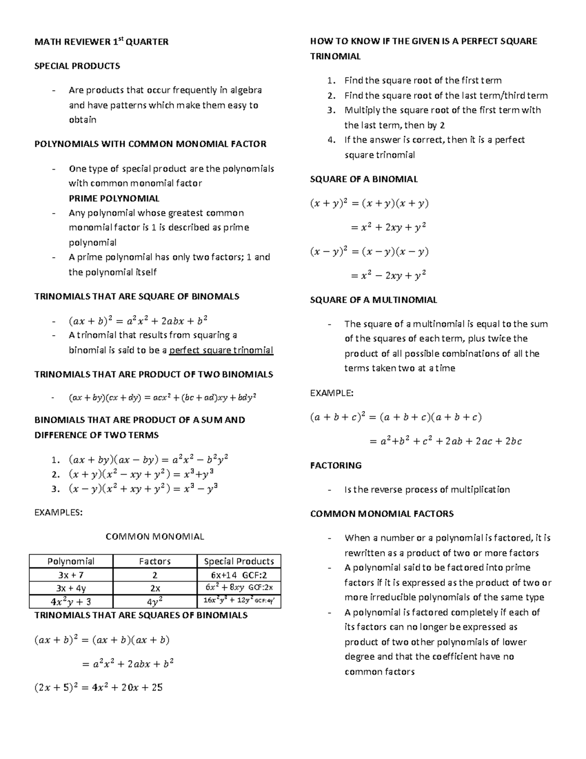 Math 8 Final Exam Review Notes: Special Products & Factoring Techniques ...