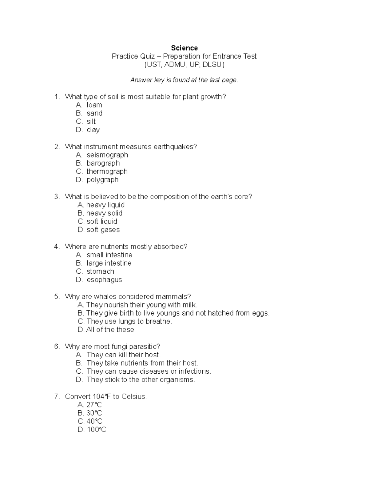 Science Practice Quiz – Entrance Test Preparation (UST, ADMU, UP, DLSU ...