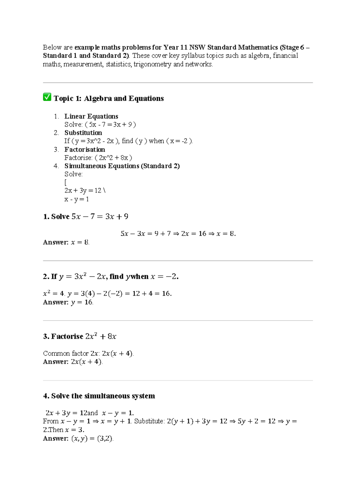 Year 11 NSW Standard Maths Practice Problems (Stage 6) - Studocu