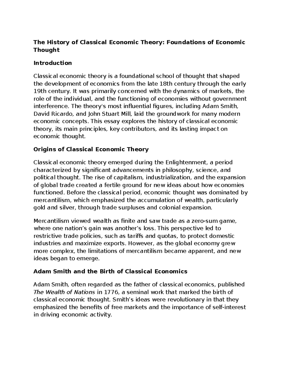 Classical - Essay for credit - The History of Classical Economic Theory ...