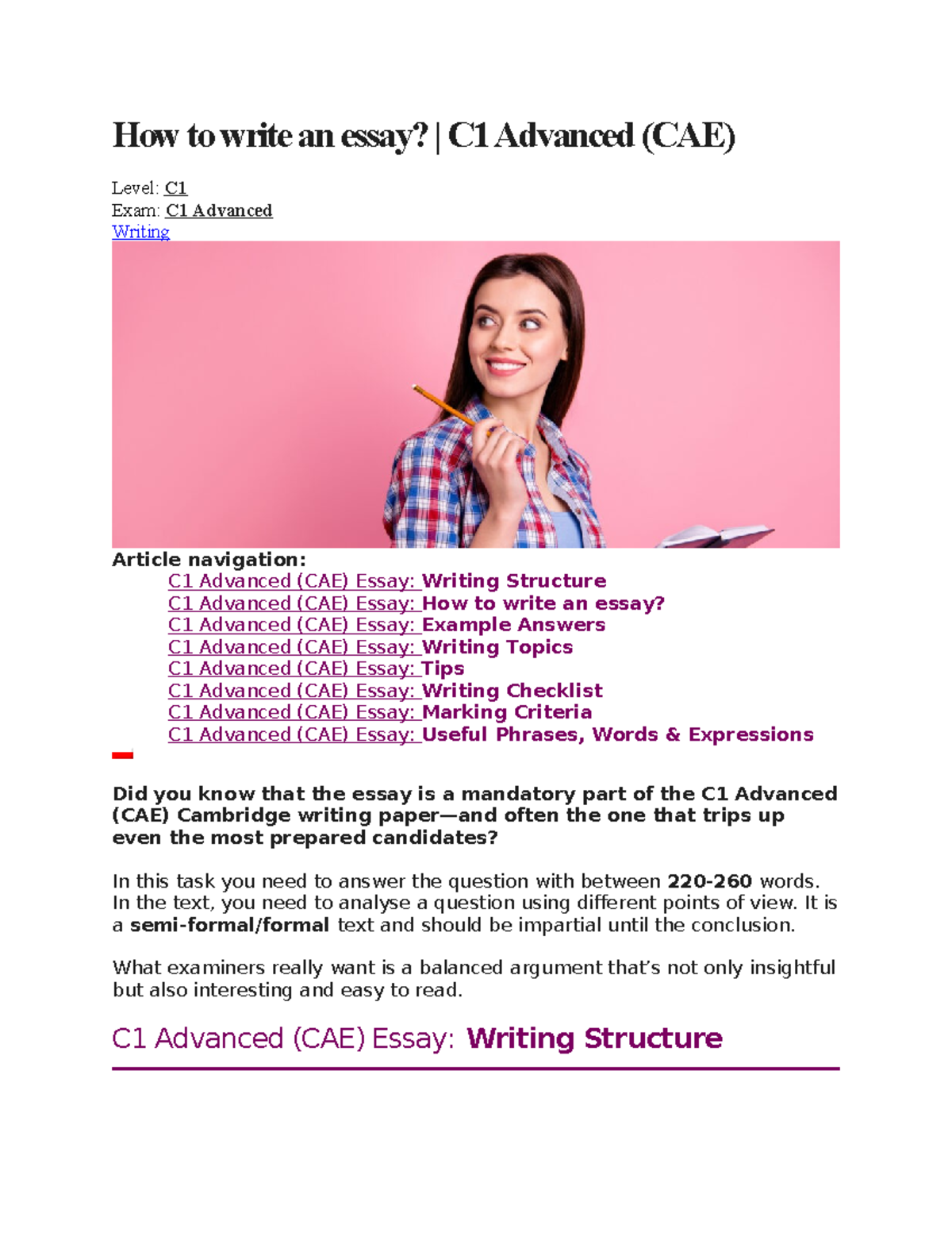 C1 Advanced (CAE) Essay Writing Guide: Structure & Tips - Studocu