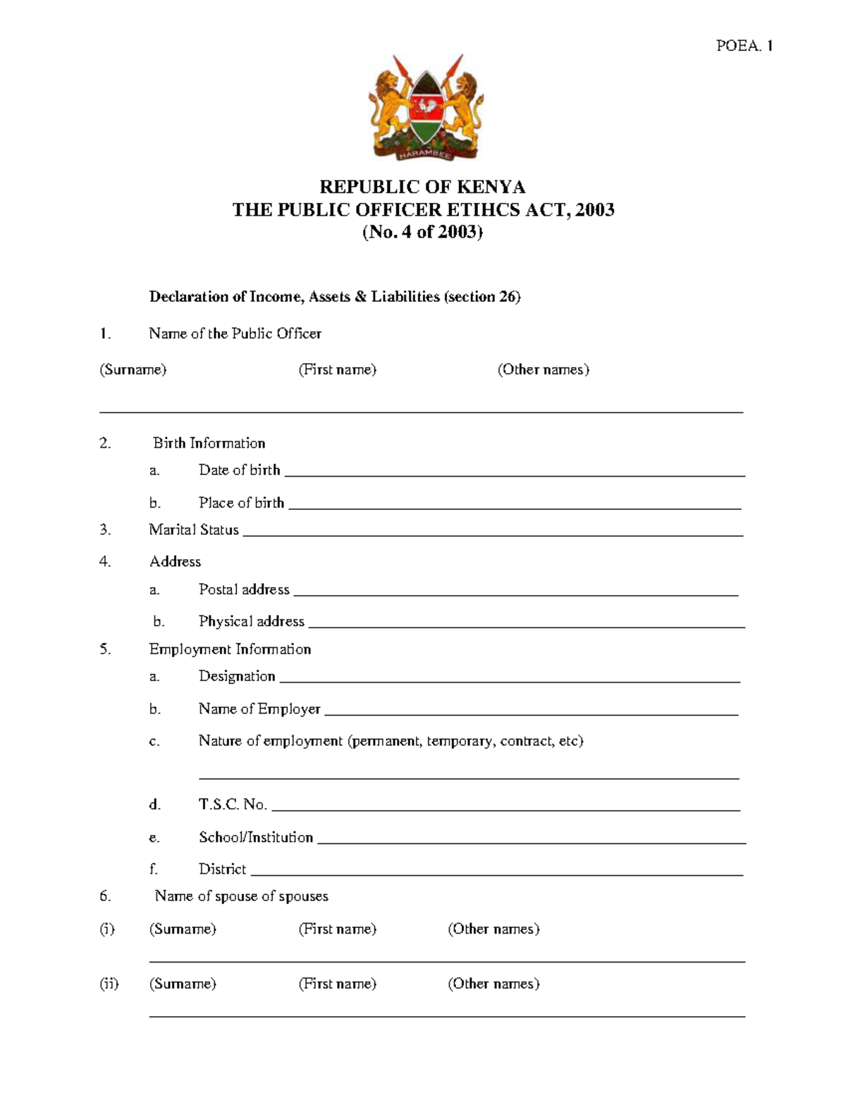 POEA. 1 TSC Wealth Declaration Form for Public Officers - Studocu
