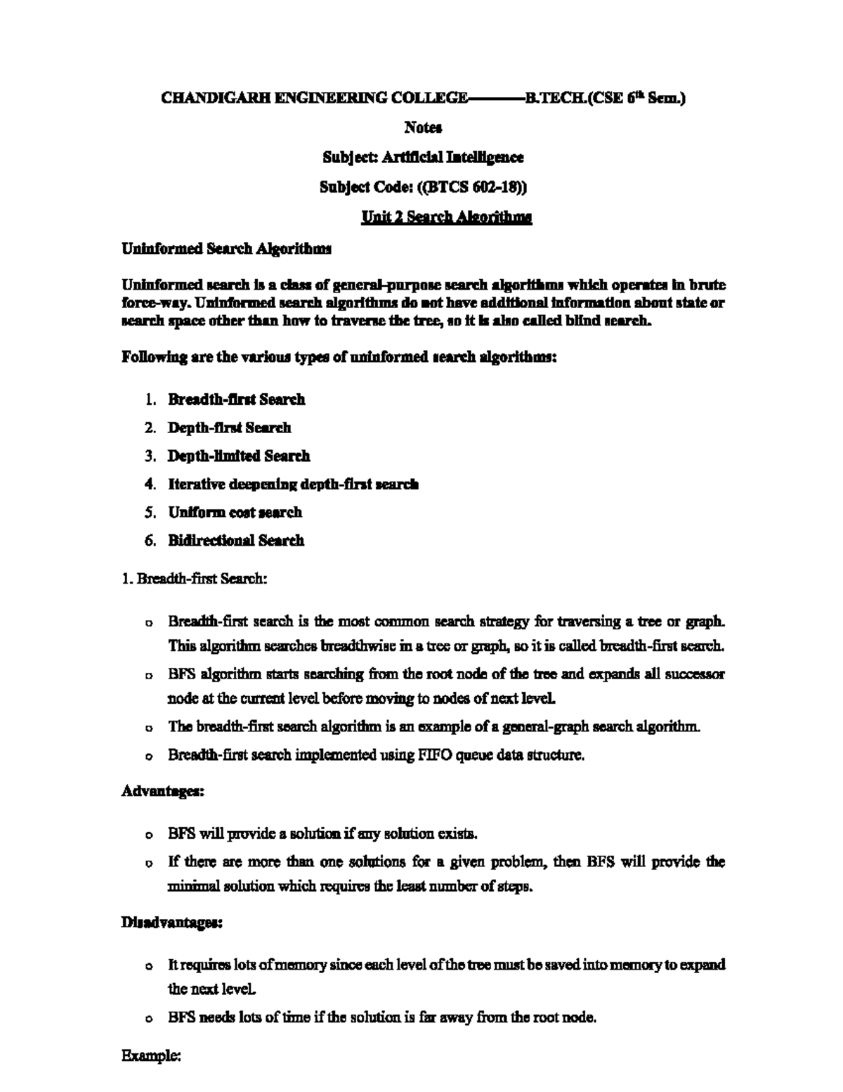 CSE 6ᵗʰ Sem. AI Unit 2: Uninformed Search Algorithms Notes - Studocu