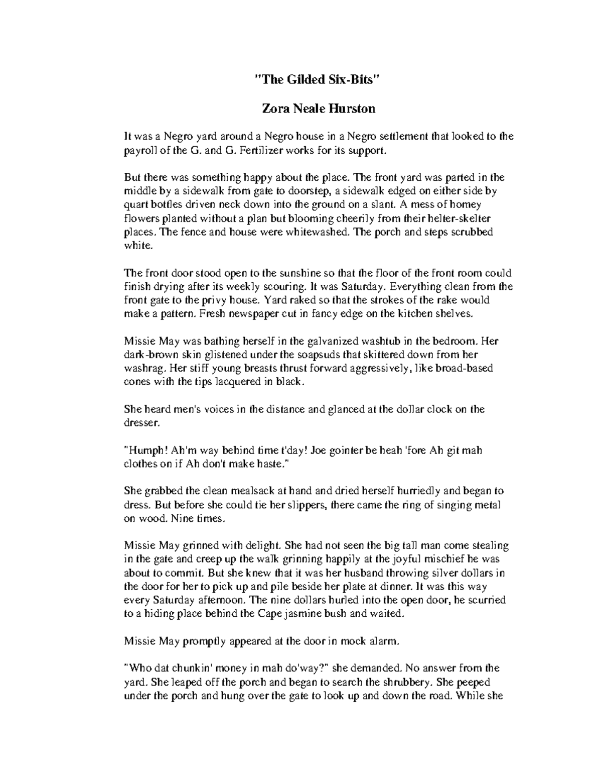 The Gilded Six Bits: A Study of Zora Neale Hurston's Narrative - Studocu
