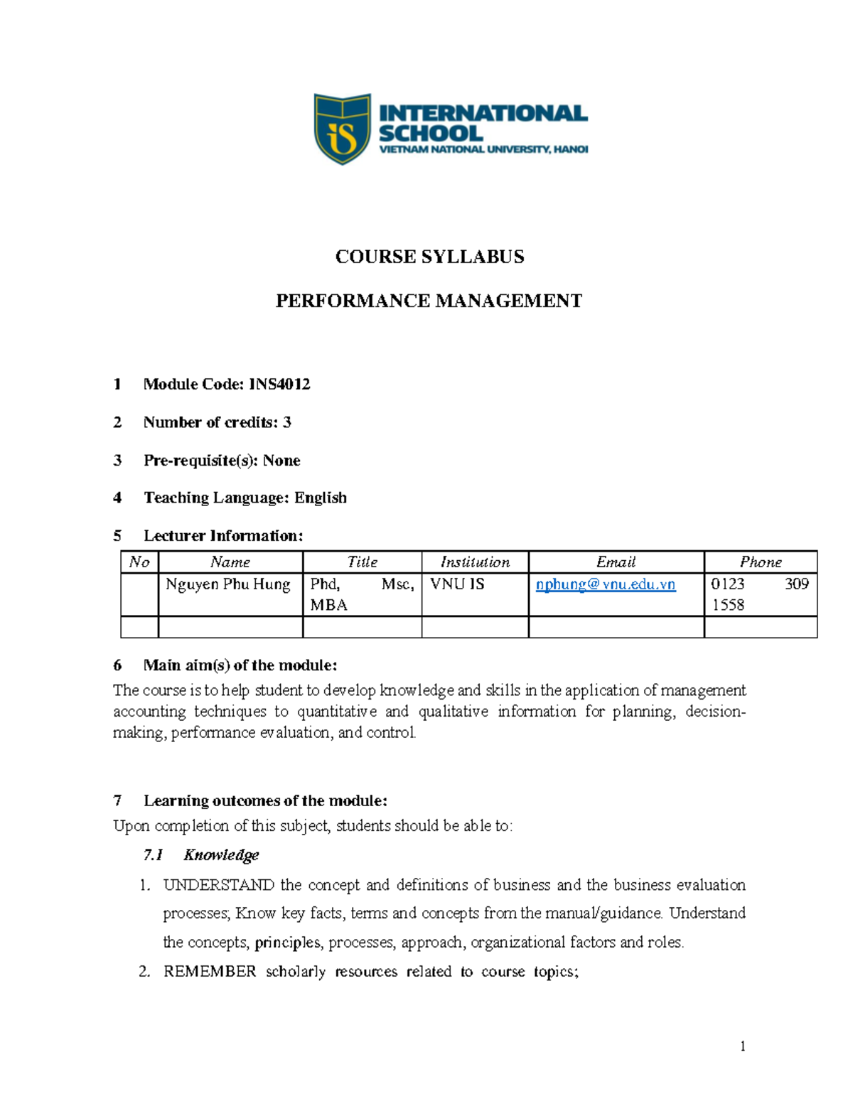 INS4012 Performance Management - 2023 - COURSE SYLLABUS PERFORMANCE ...