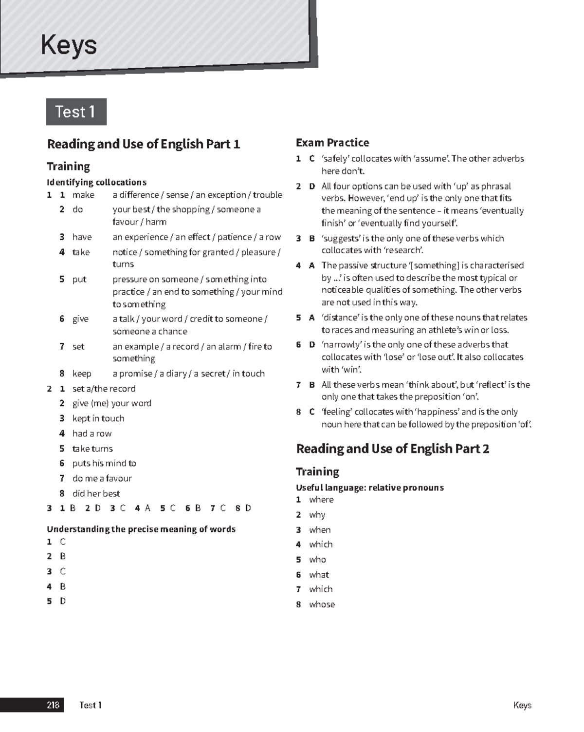 C1 Exam Prep: Test 1 Keys for Reading & Use of English - Studocu