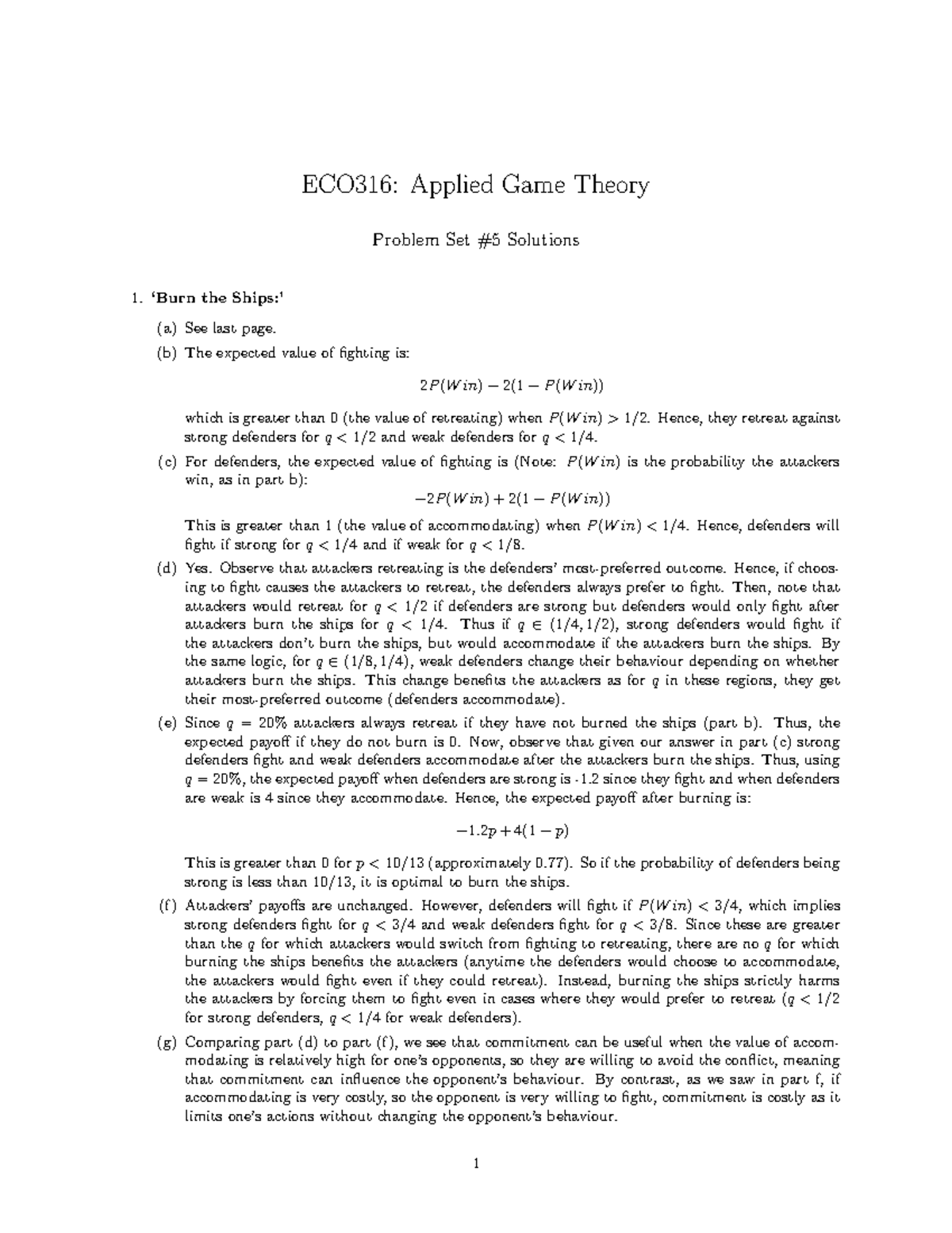 ECO316: Applied Game Theory Problem Set 5 Solutions - Studocu