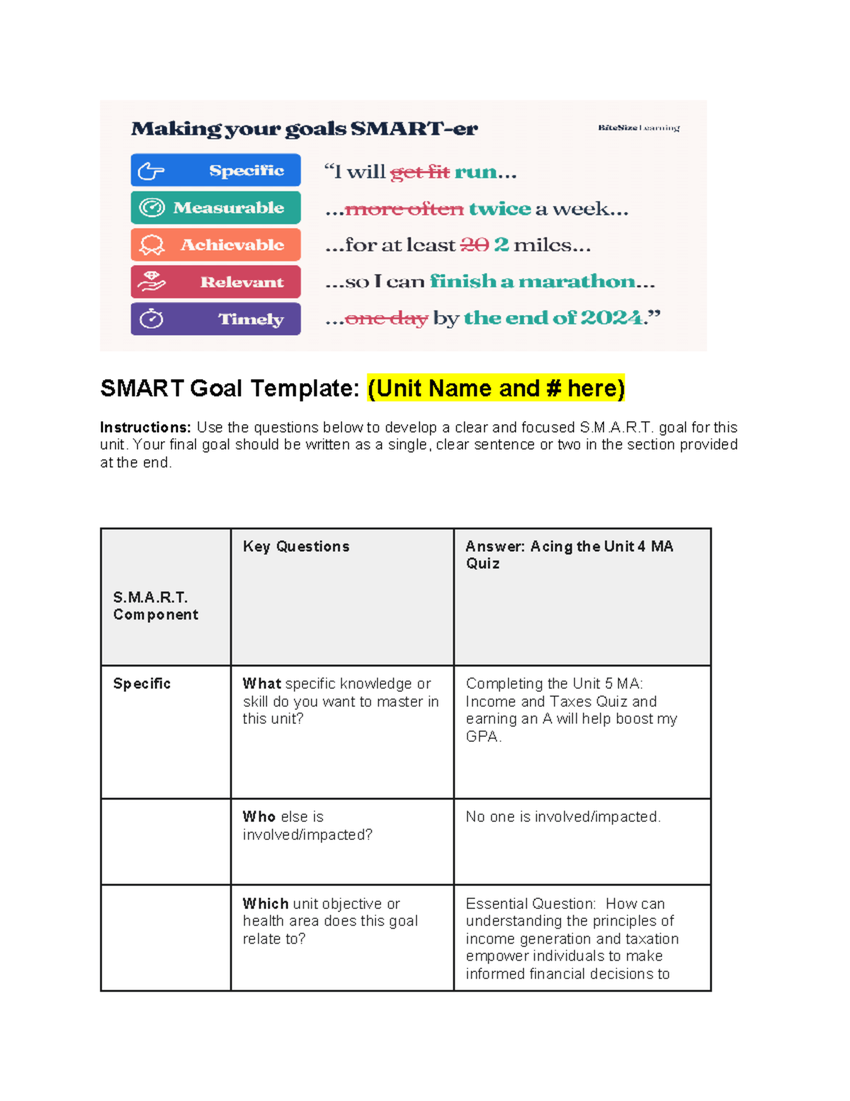 SMART Goal Template for Unit 4 MA Quiz Preparation - Studocu