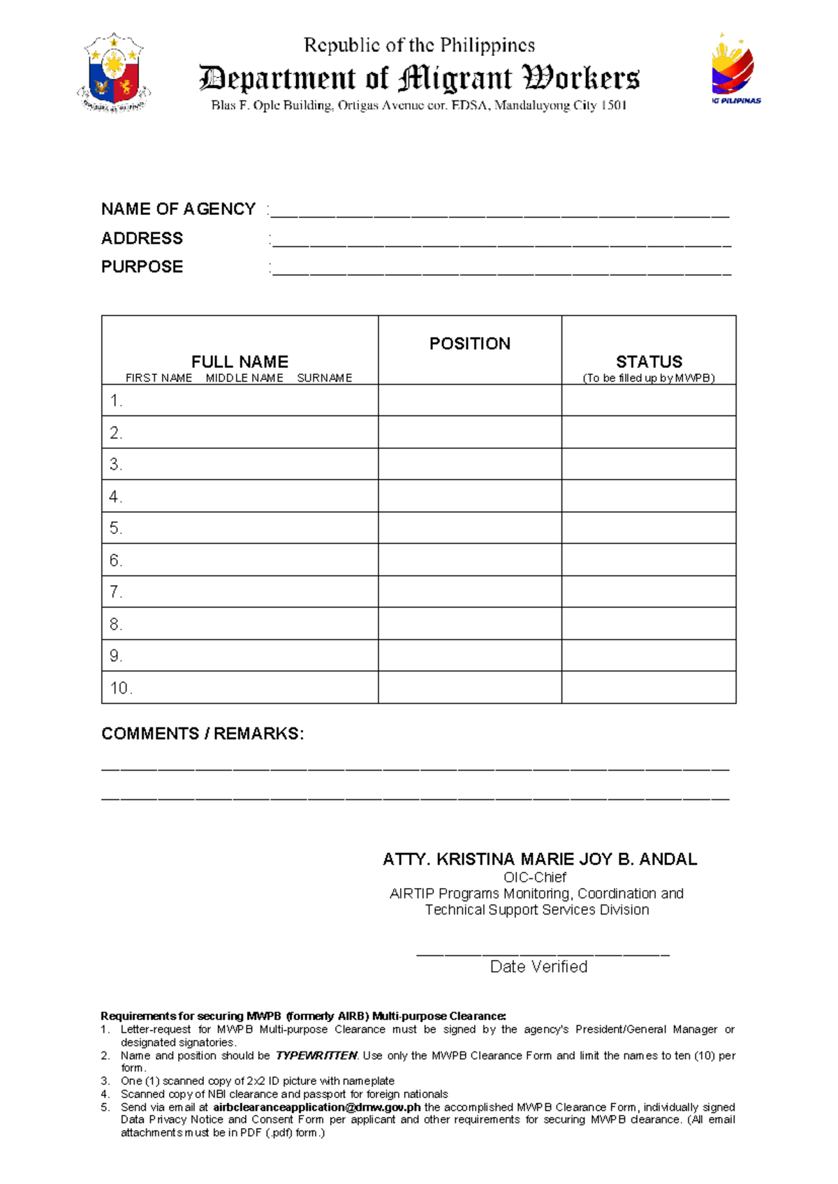 MWPB Multi-Purpose Clearance & Data Privacy Form Guidelines - Studocu