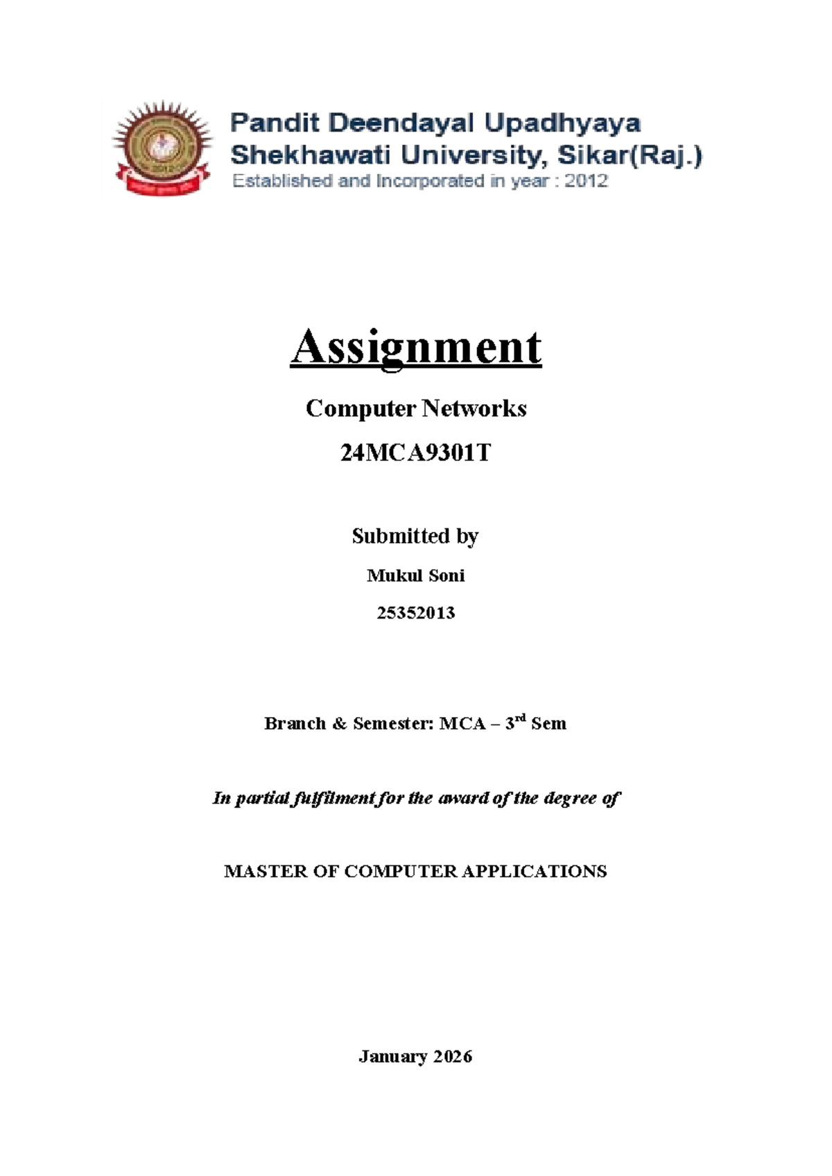 Assignment on Computer Networks 24MCA9301T: Key Concepts & Definitions ...