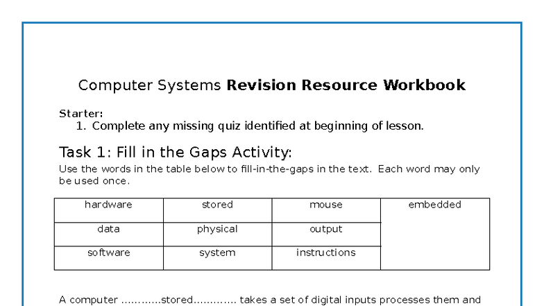 Computer Systems - Revision Resource Workbook: Quiz & Activities - Studocu