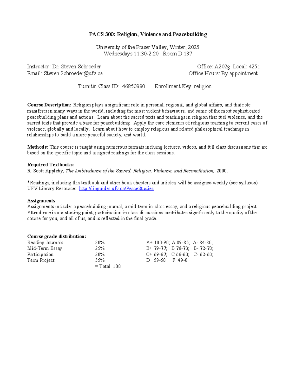 PACS 300: Religion, Violence, and Peacebuilding Syllabus - Winter 2025 ...