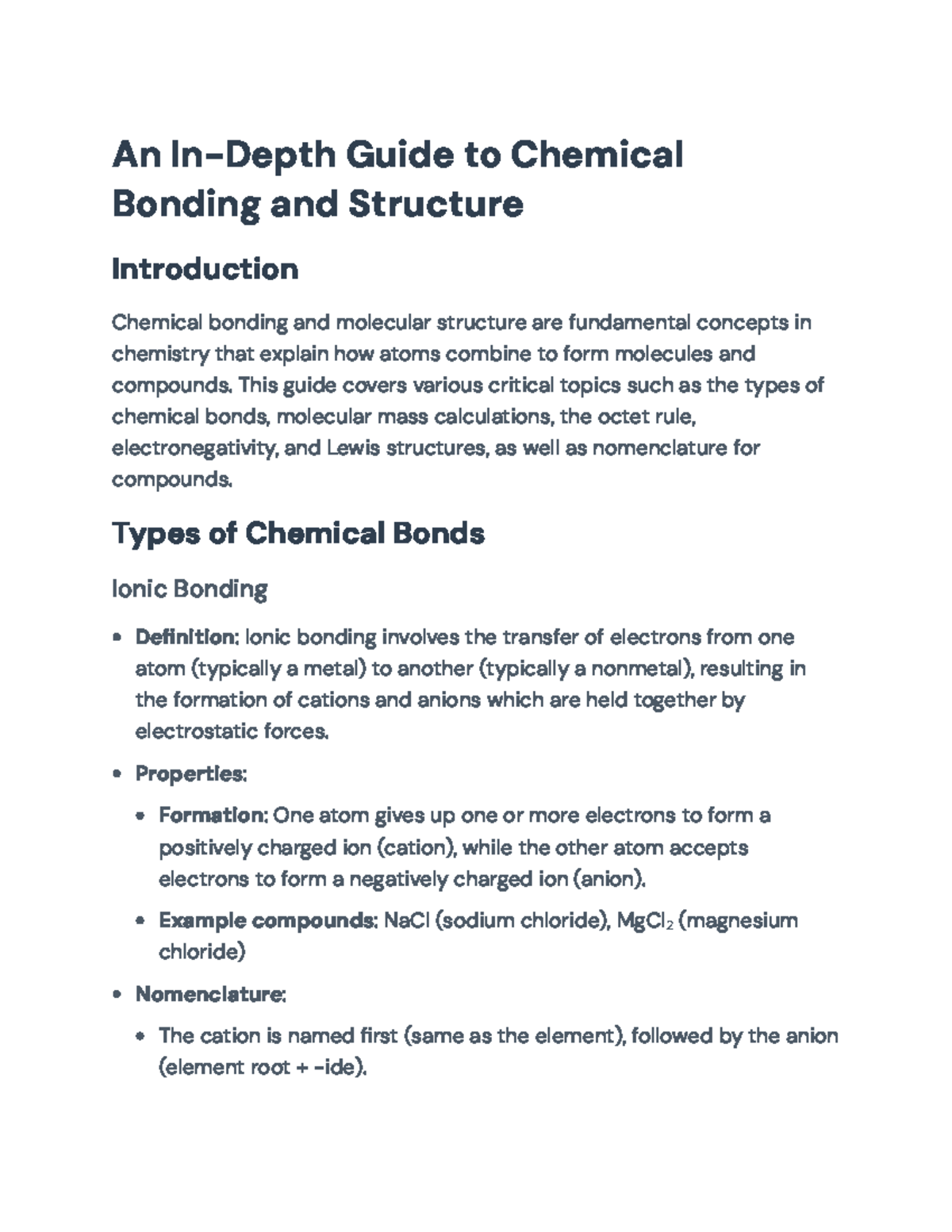 Comprehensive Study Guide on Chemical Bonding & Structure (CHEM 101 ...