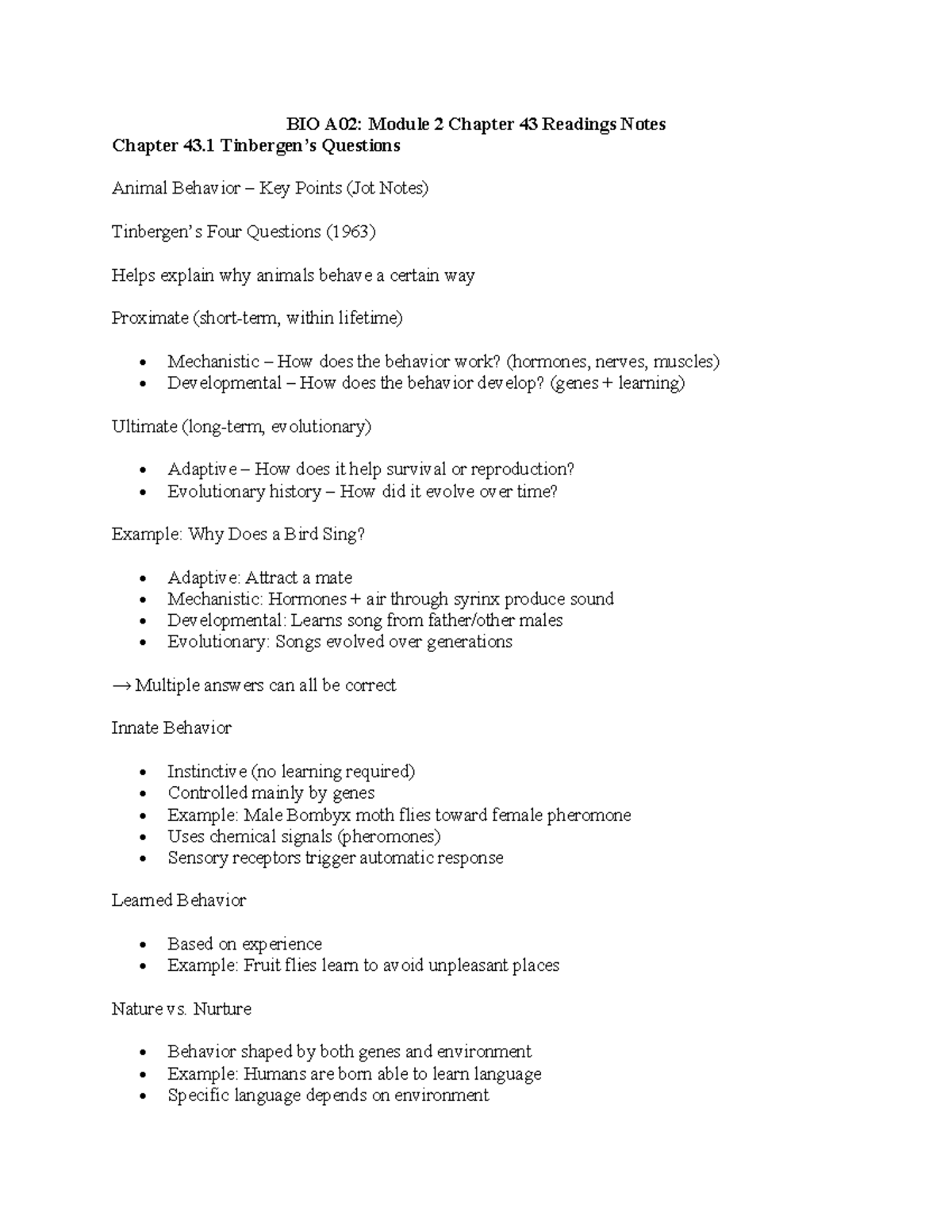 BIO A02: Module 2 Chapter 43 Animal Behavior Readings & Key Points ...