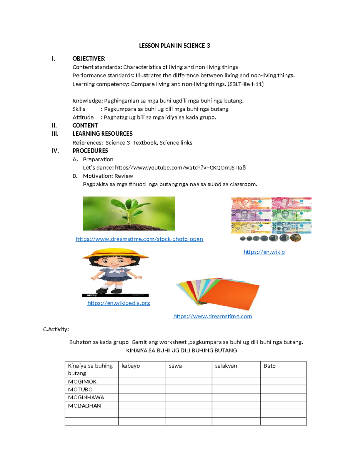 CO- Science 3 - Lesson Plan on Living vs Non-Living Things - Studocu