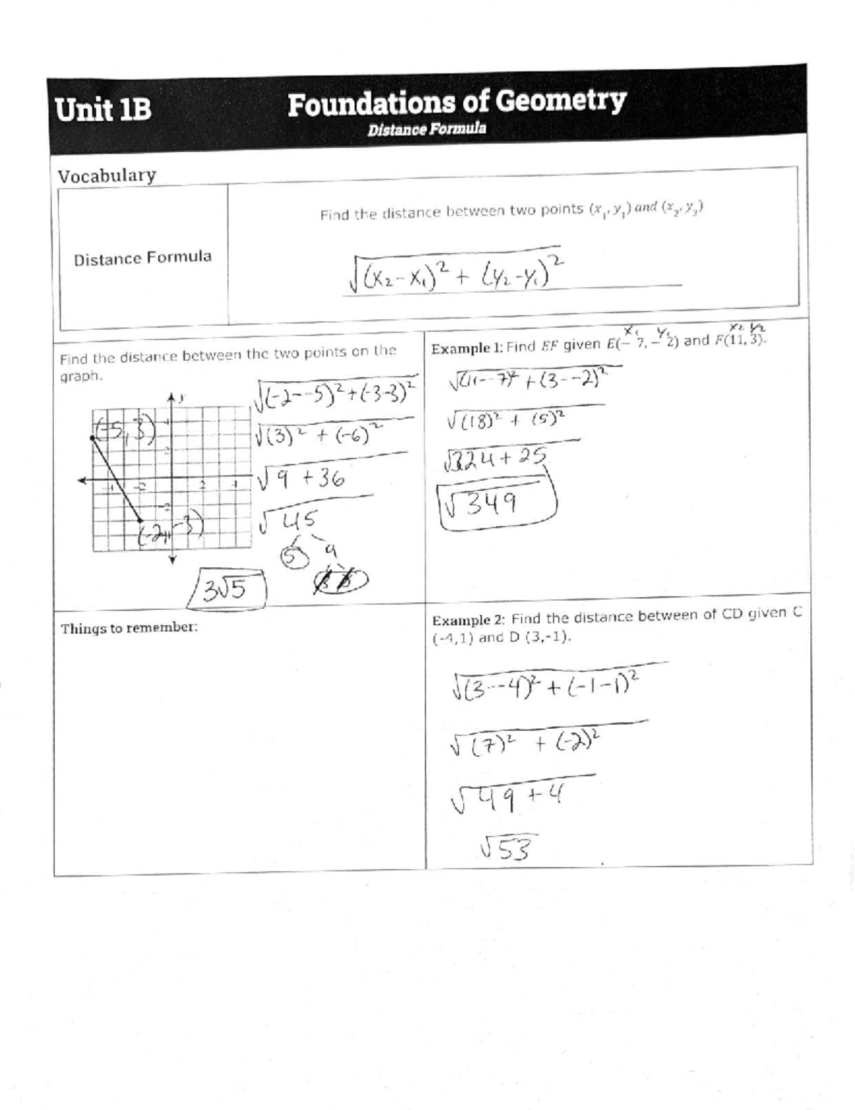 Unit 1B: Foundations of Geometry - Distance Formula Analysis - Studocu