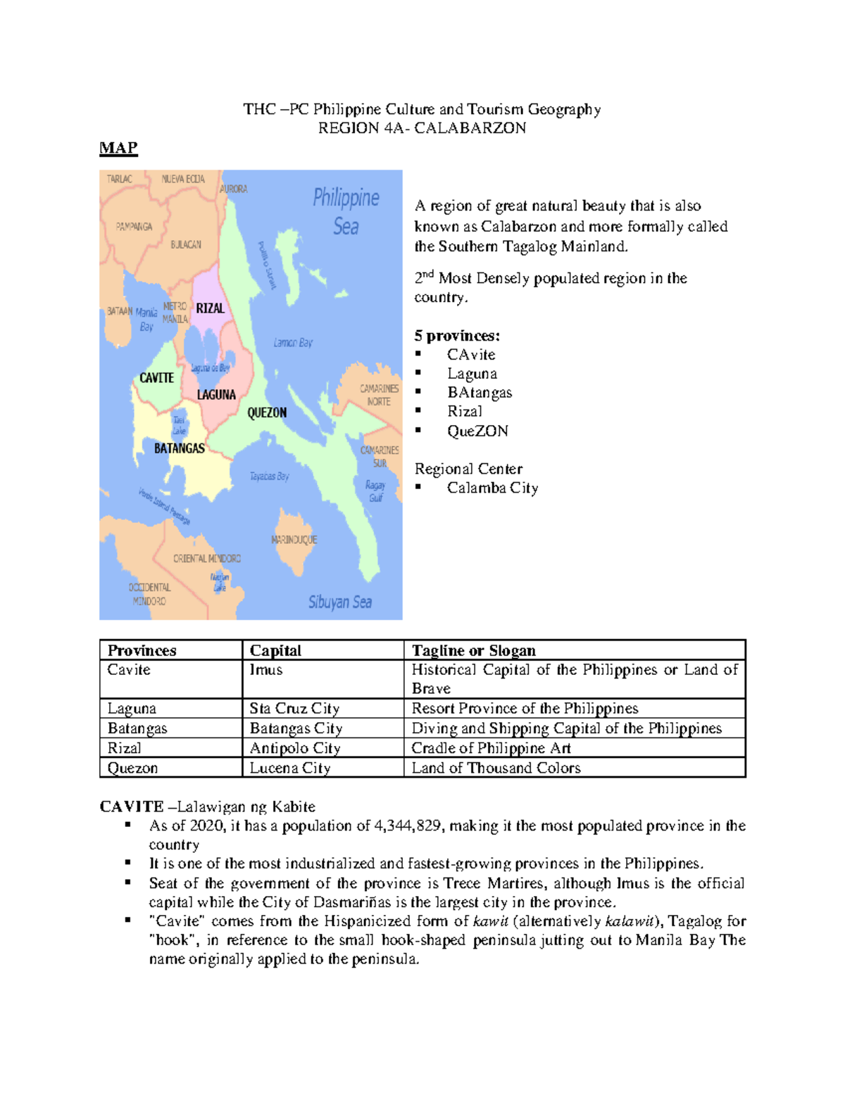 THC-PC Philippine Culture & Tourism: Region 4A - Calabarzon Overview - Studocu