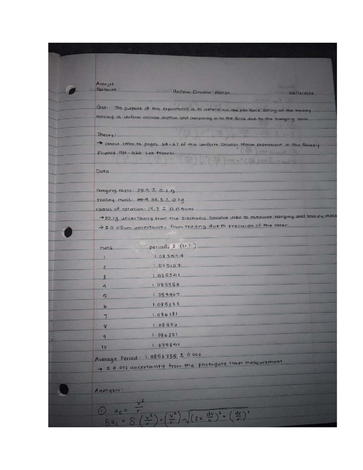 Uniform Circular Motion Experiment Notes - PHYS 101 - Studocu