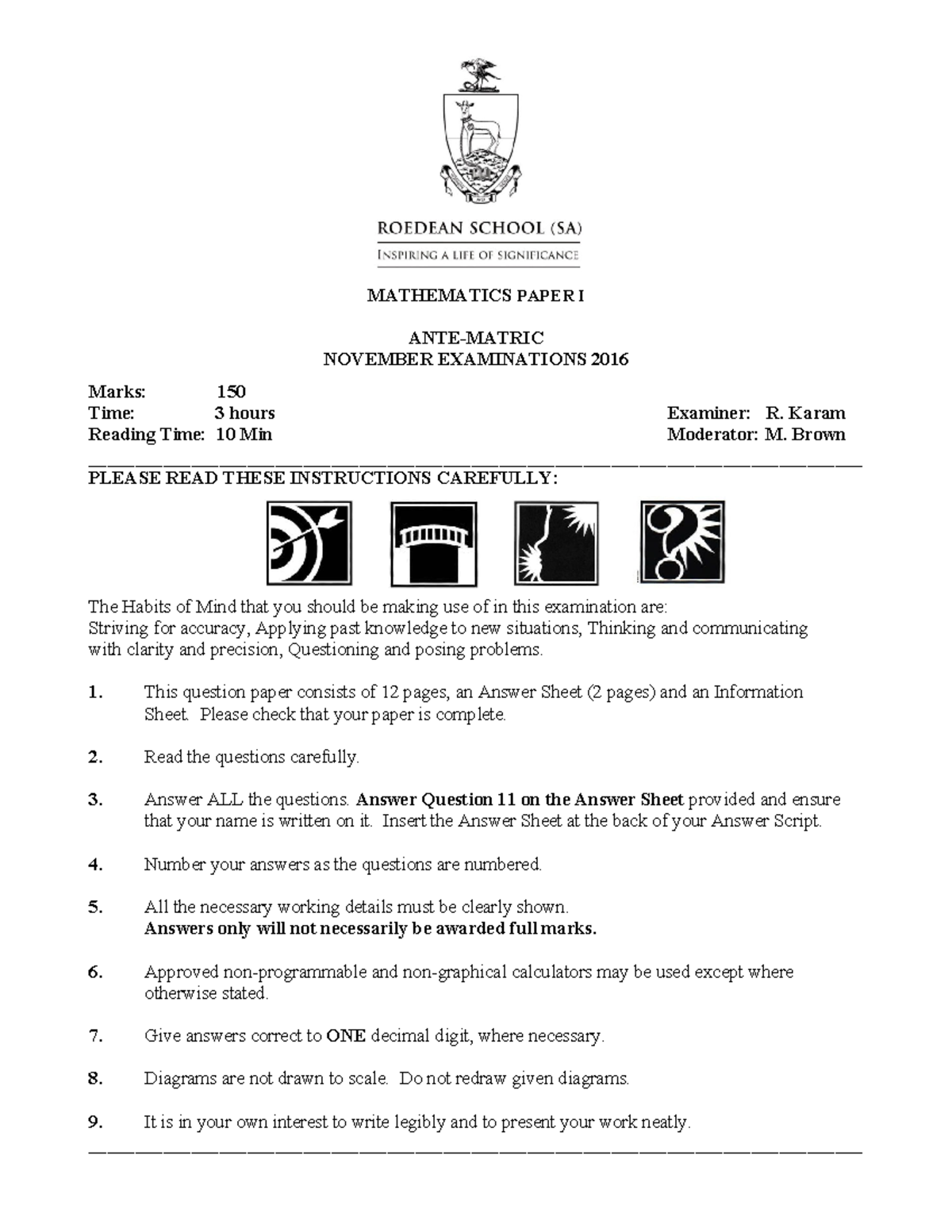 Mathematics Paper I: Grade 11 November 2016 examination questions - Studocu