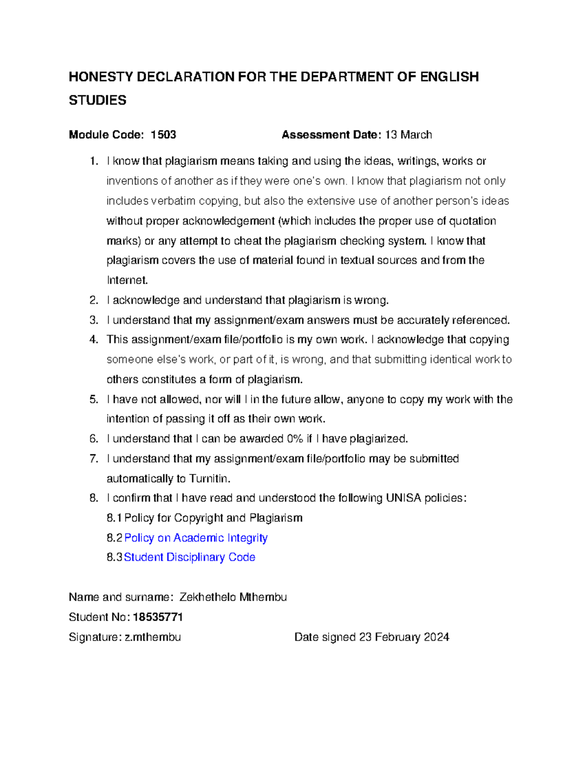 Declaration of Honesty for Module 1503 - English Studies - Studocu
