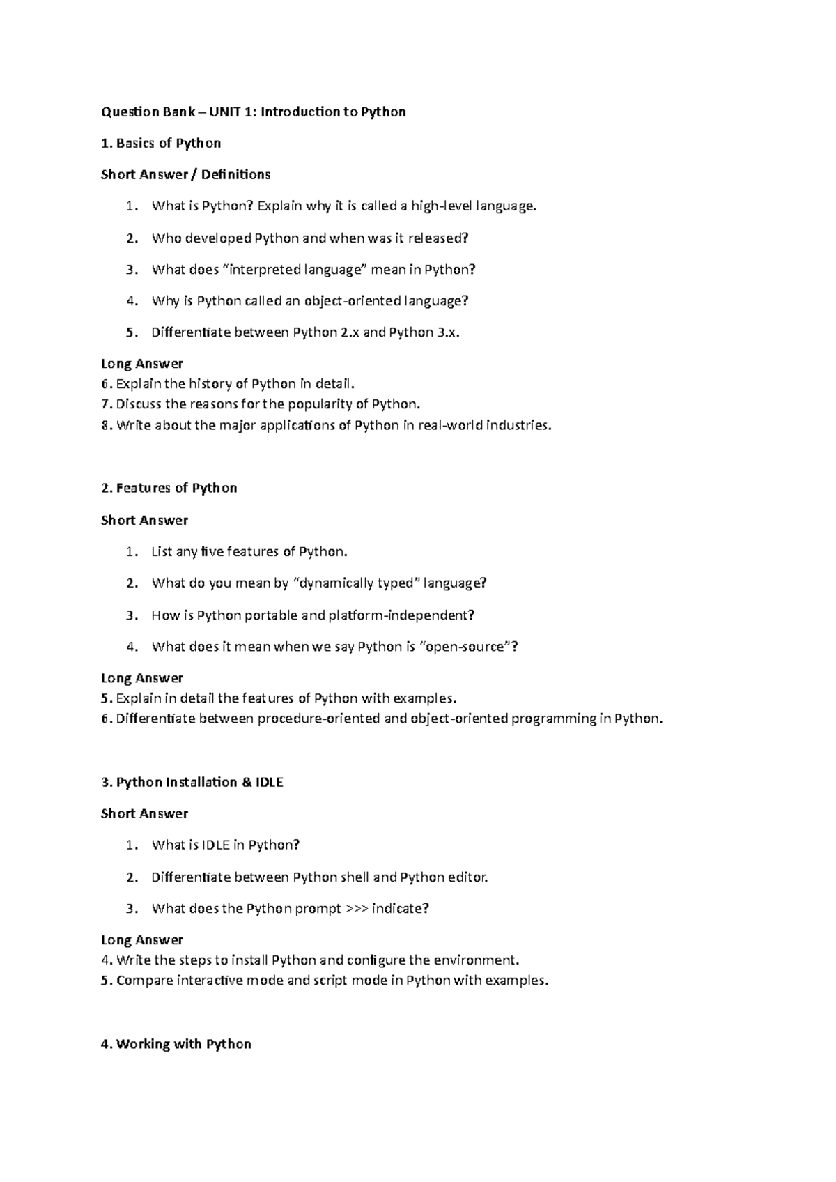Question Bank: UNIT 1 - Introduction to Python (QBUnit1) - Studocu