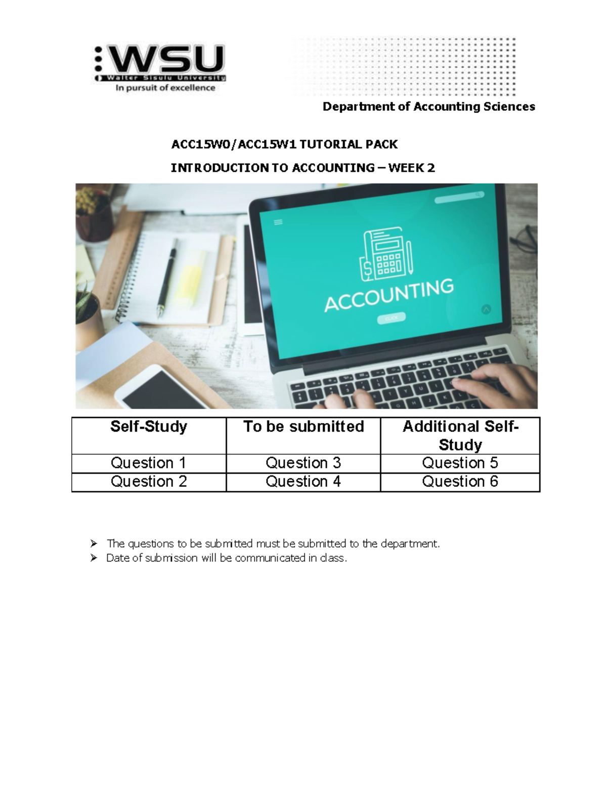 Week 2 Tutorial Pack - Accounting Sciences Practice Questions & Memo ...