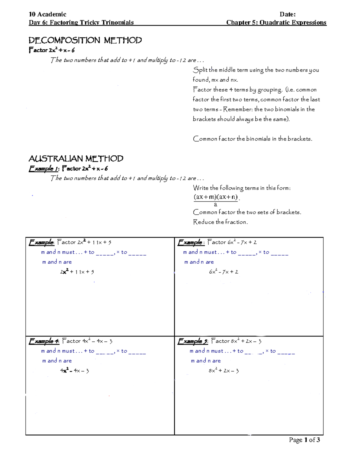 8 - tricky trinomials solutions - 10 Academic Date: Day 6: Factoring ...