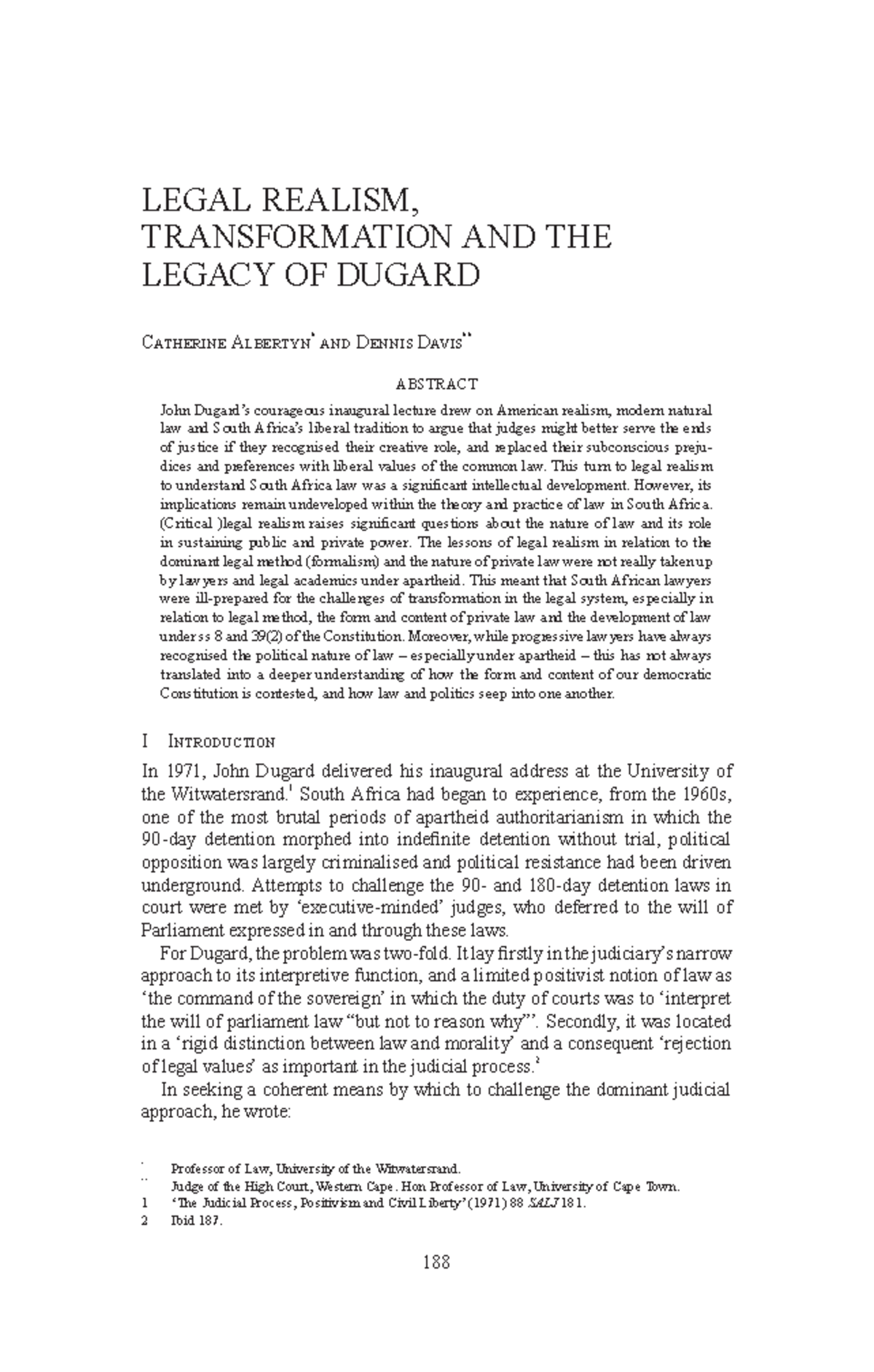 Legal Realism, Transformation, and Dugard's Legacy (LAW-2010) - Studocu