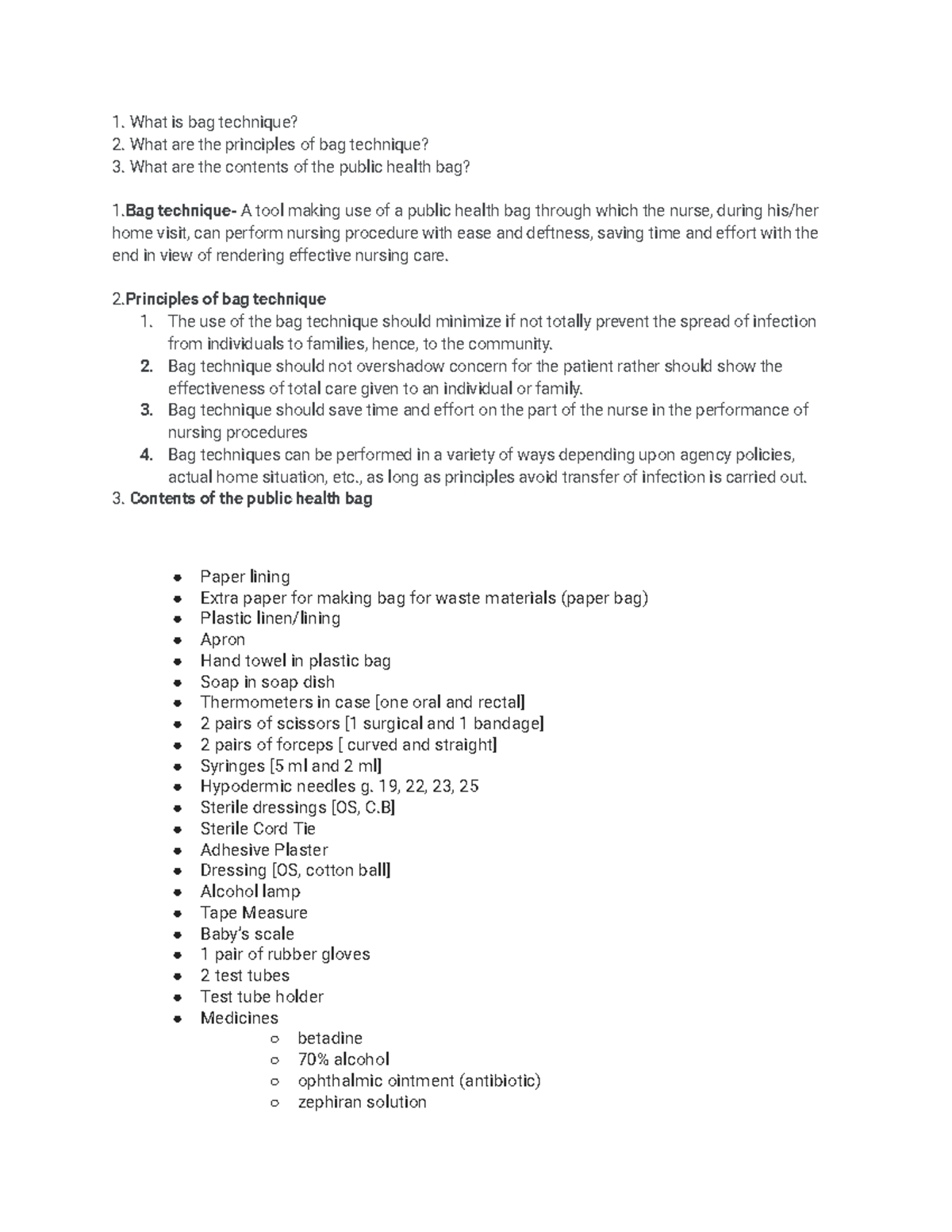 Bag Technique: Principles & Contents of Nursing Home Care Toolkit - Studocu