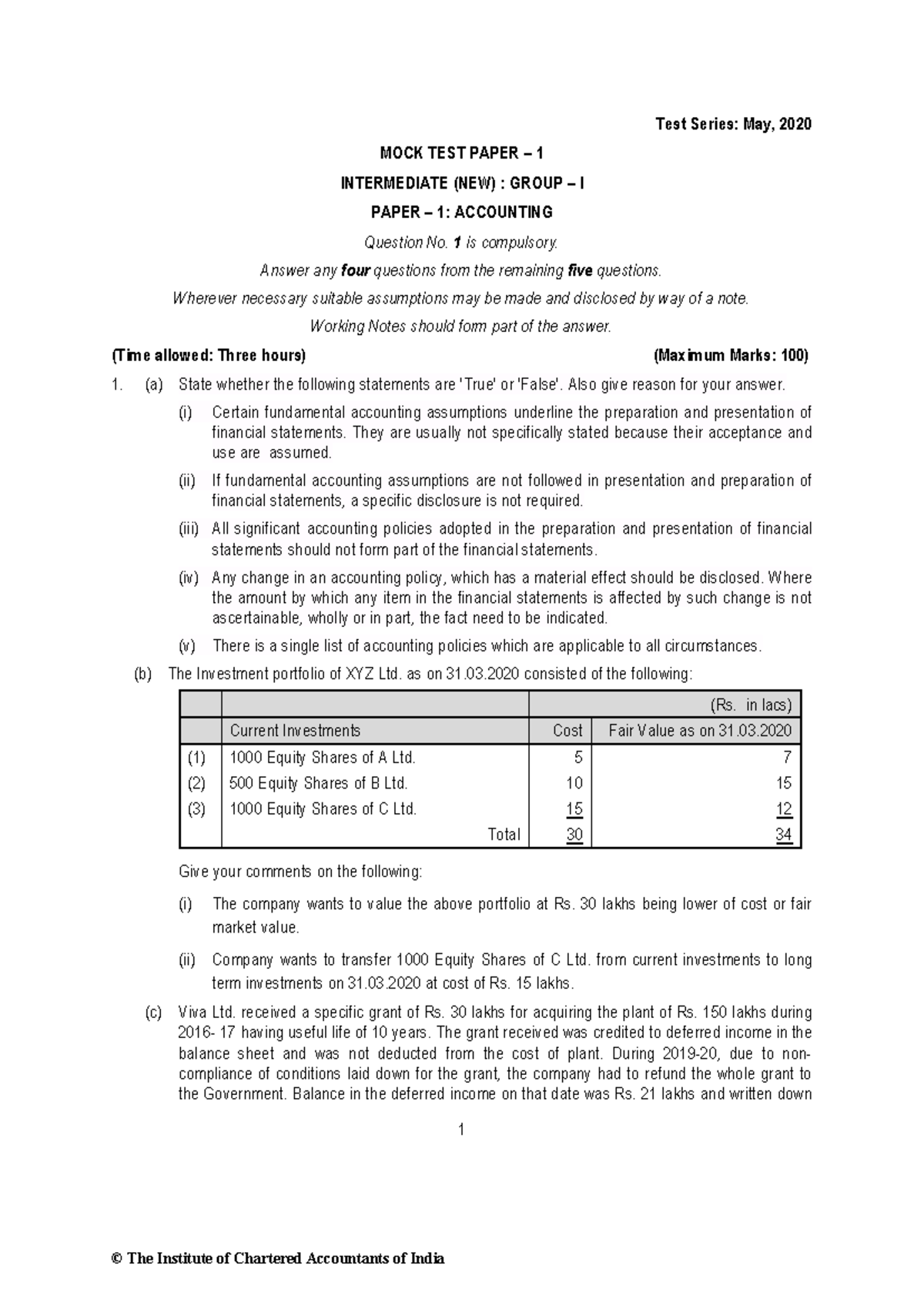 MTP Accounting (May 2018 - Nov 2020) MOCK TEST PAPER 1: GROUP I PAPER 1 ...