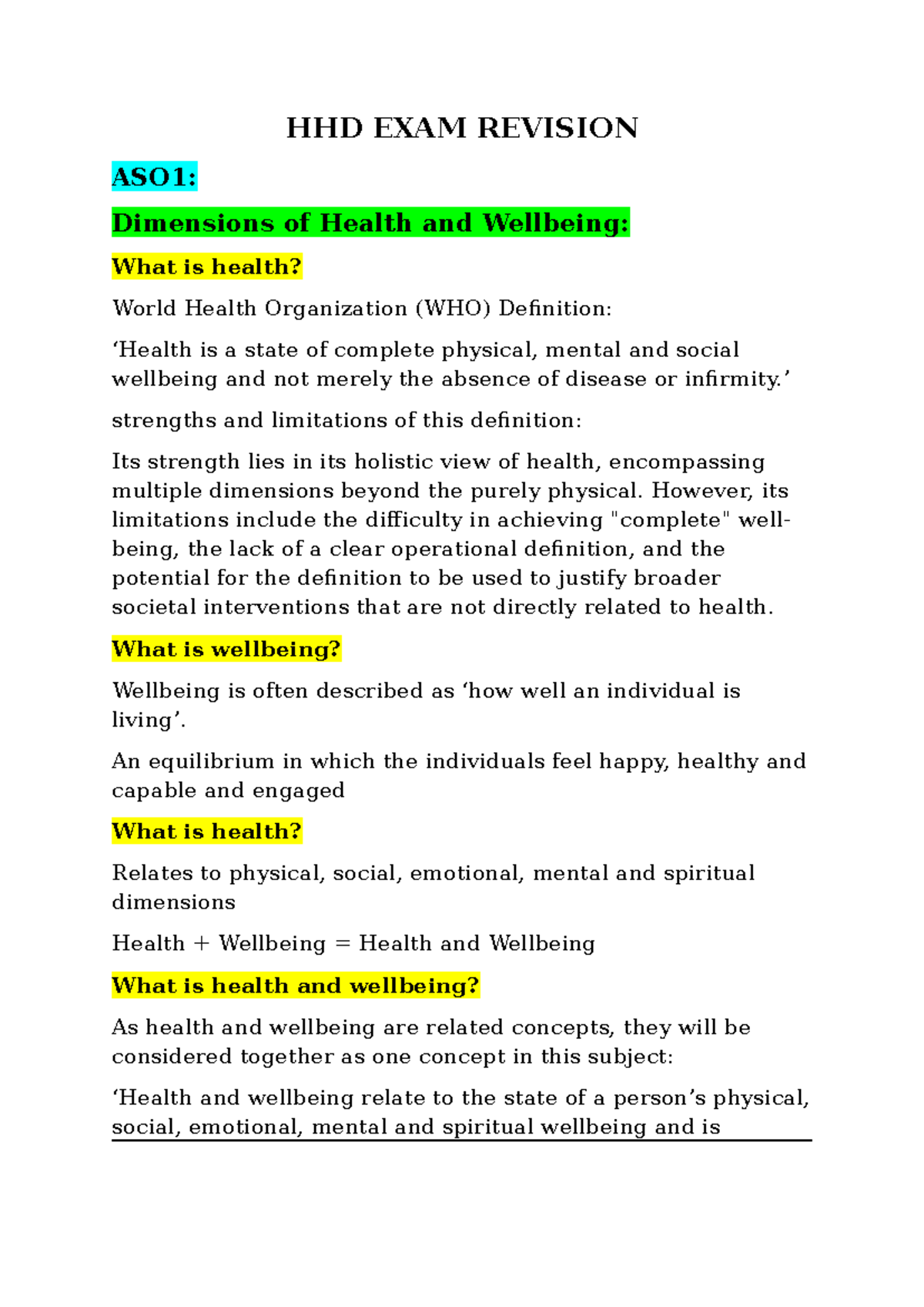 HHD EXAM Revision ASO1: Understanding Health and Wellbeing Dimensions ...