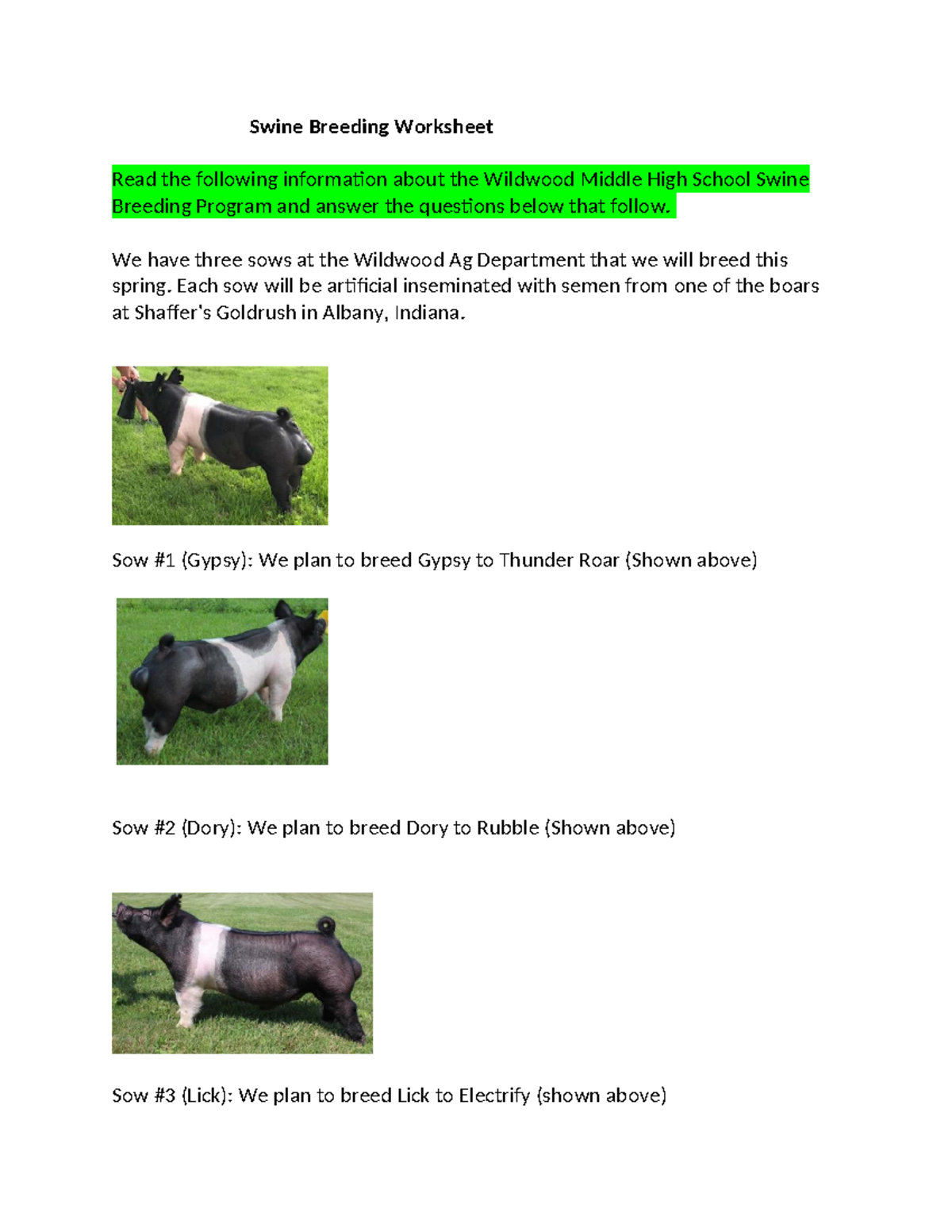 Swine Breeding Worksheet (Online) - Swine Breeding Worksheet Read the ...