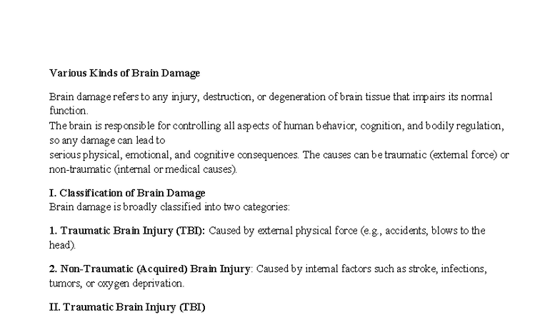 Brain Damage Overview: Types, Symptoms, and Treatments - Studocu