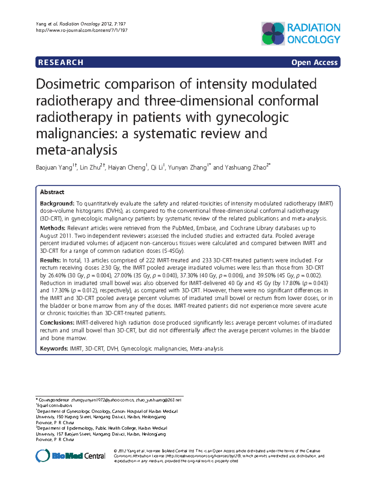 Dosimetric Comparison of IMRT vs. Conformal RT in Gynecologic Cancers ...