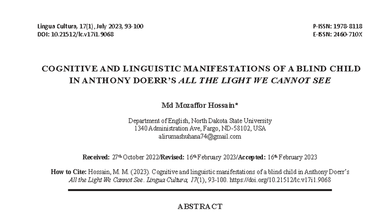 Cognitive and Linguistic Manifestations of Blindness in All the Light ...