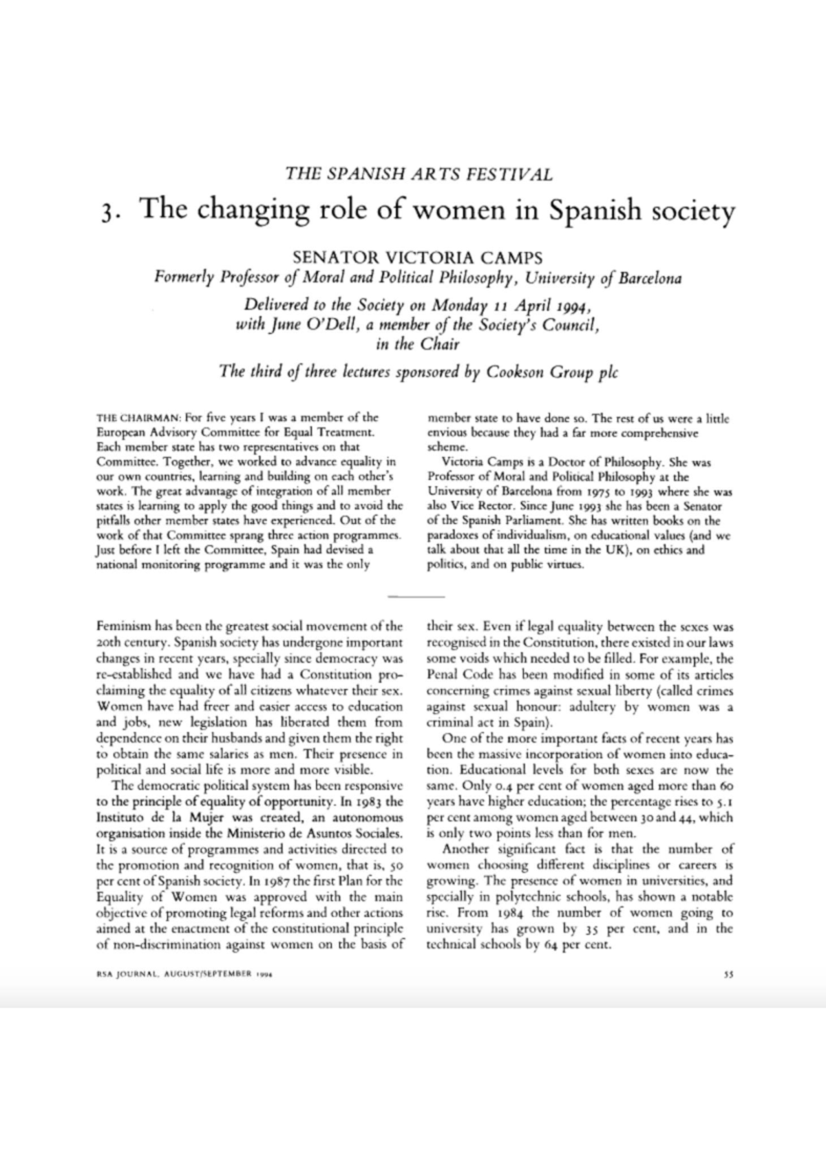 The Changing Role of Women in Spanish Society: A Lecture by Senator ...