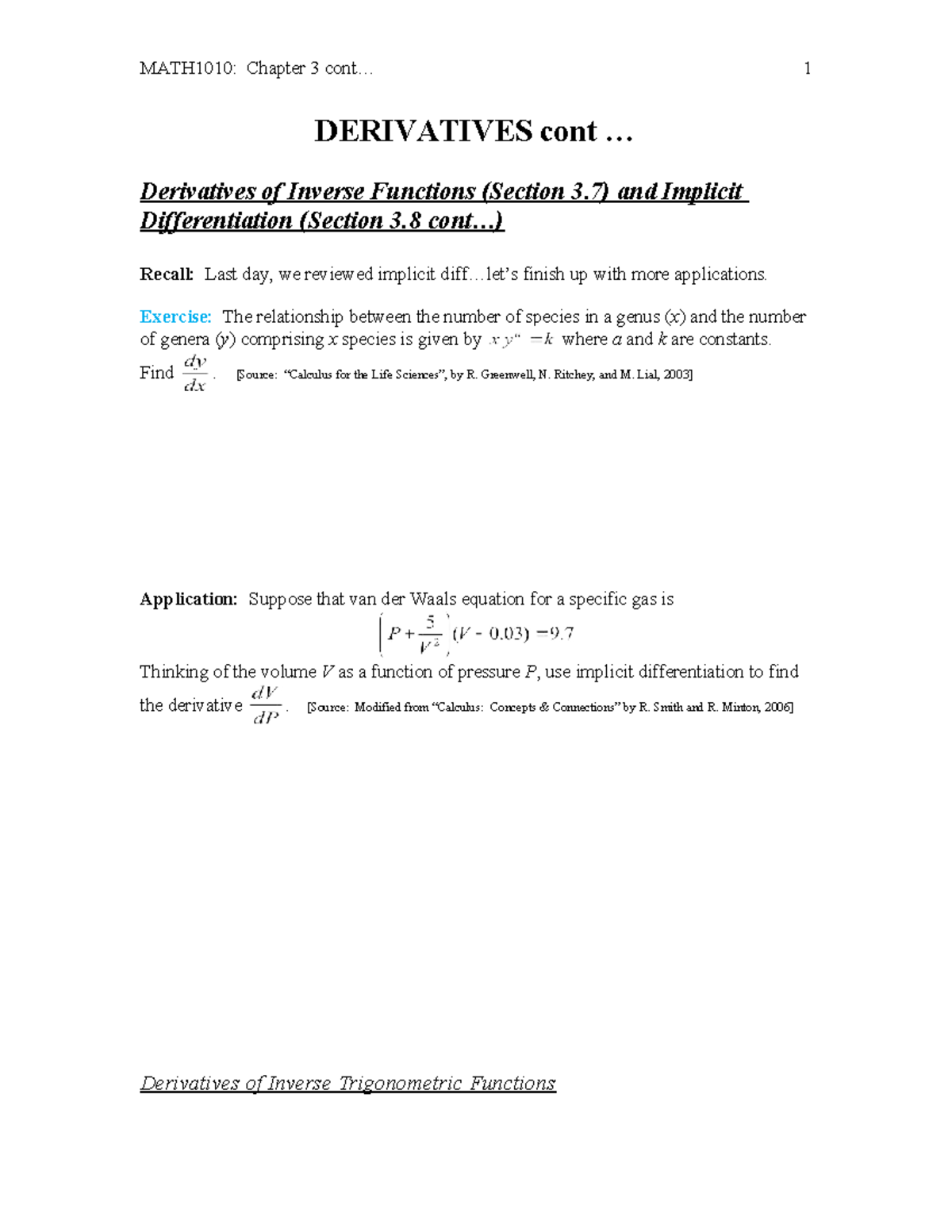 MATH1010: Chapter 3 - Derivatives of Inverse & Hyperbolic Functions - Studocu