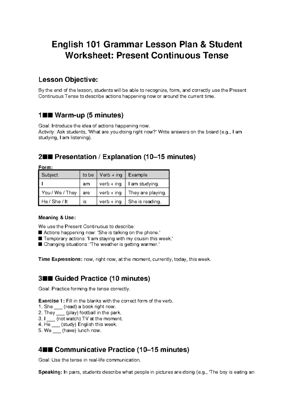 English 101 Grammar Lesson: Present Continuous Tense Worksheet - Studocu